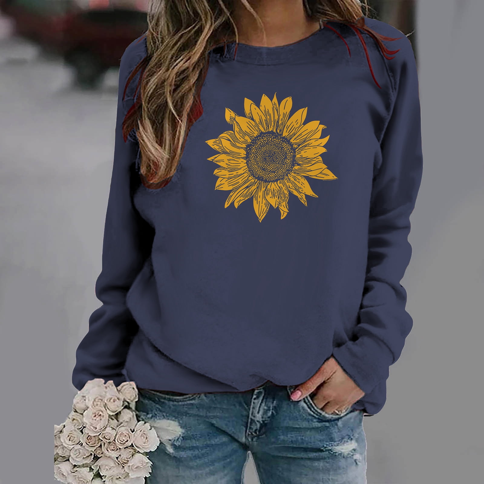 Sakmal Summer Tops for Women 2024 Blue Long Sleeve Sunflower Graphic ...