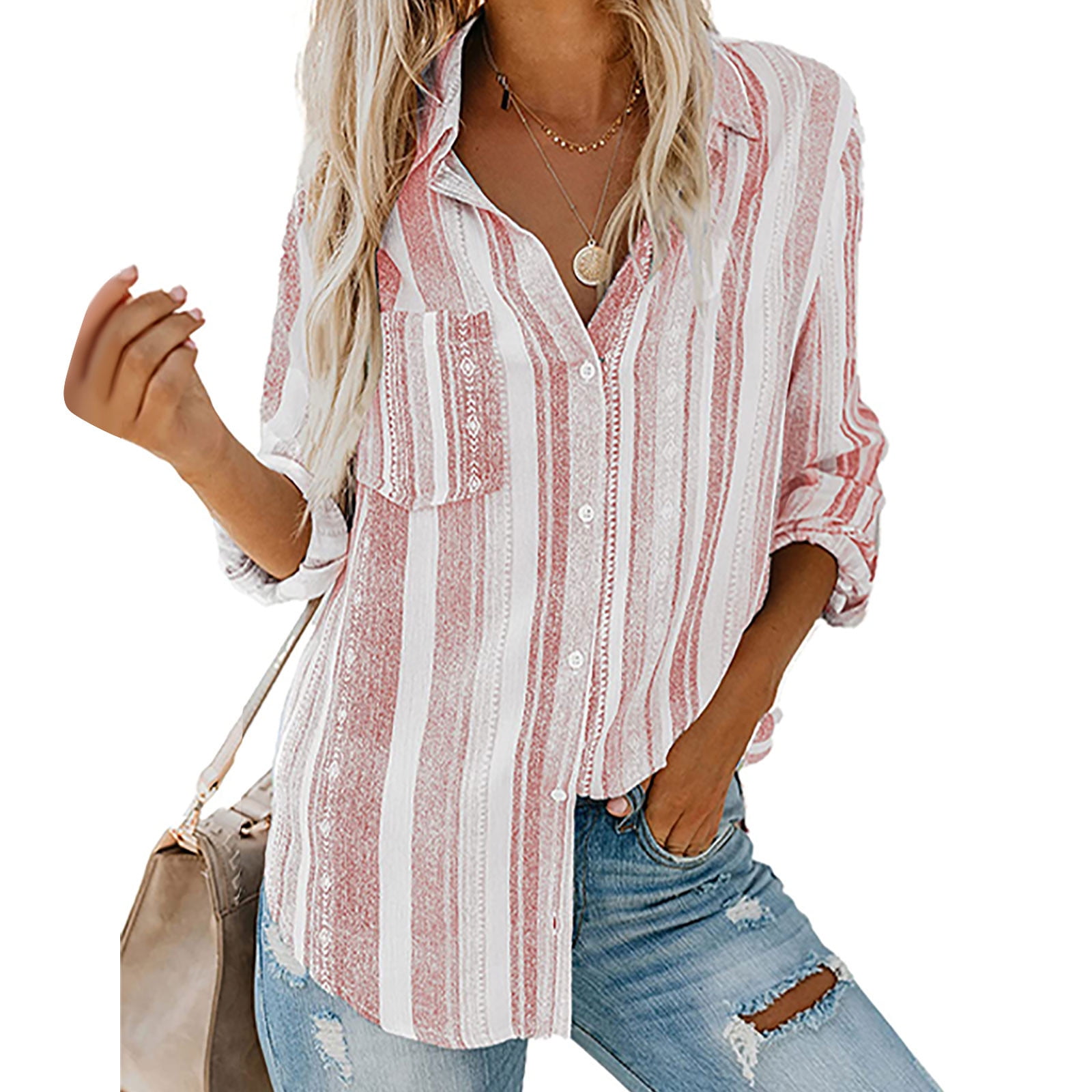 Sakmal Summer Tops for Women 2024 Long Sleeve Button Striped Collared ...