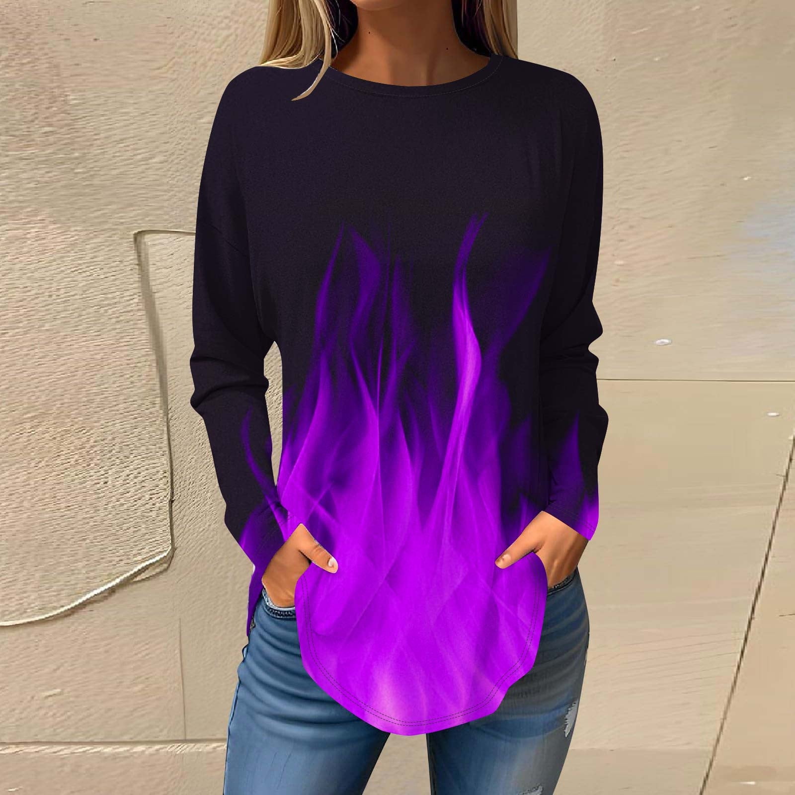 Sakmal Summer Tops for Women 2024 Purple Long Sleeve Flame Graphic Crew ...