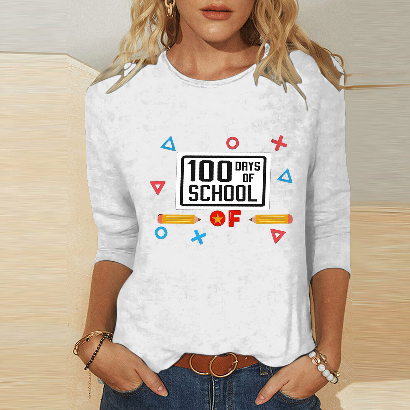 Sakmal Summer Tops for Women 2024 White 3/4 Sleeve Crew Neck 100 Days ...