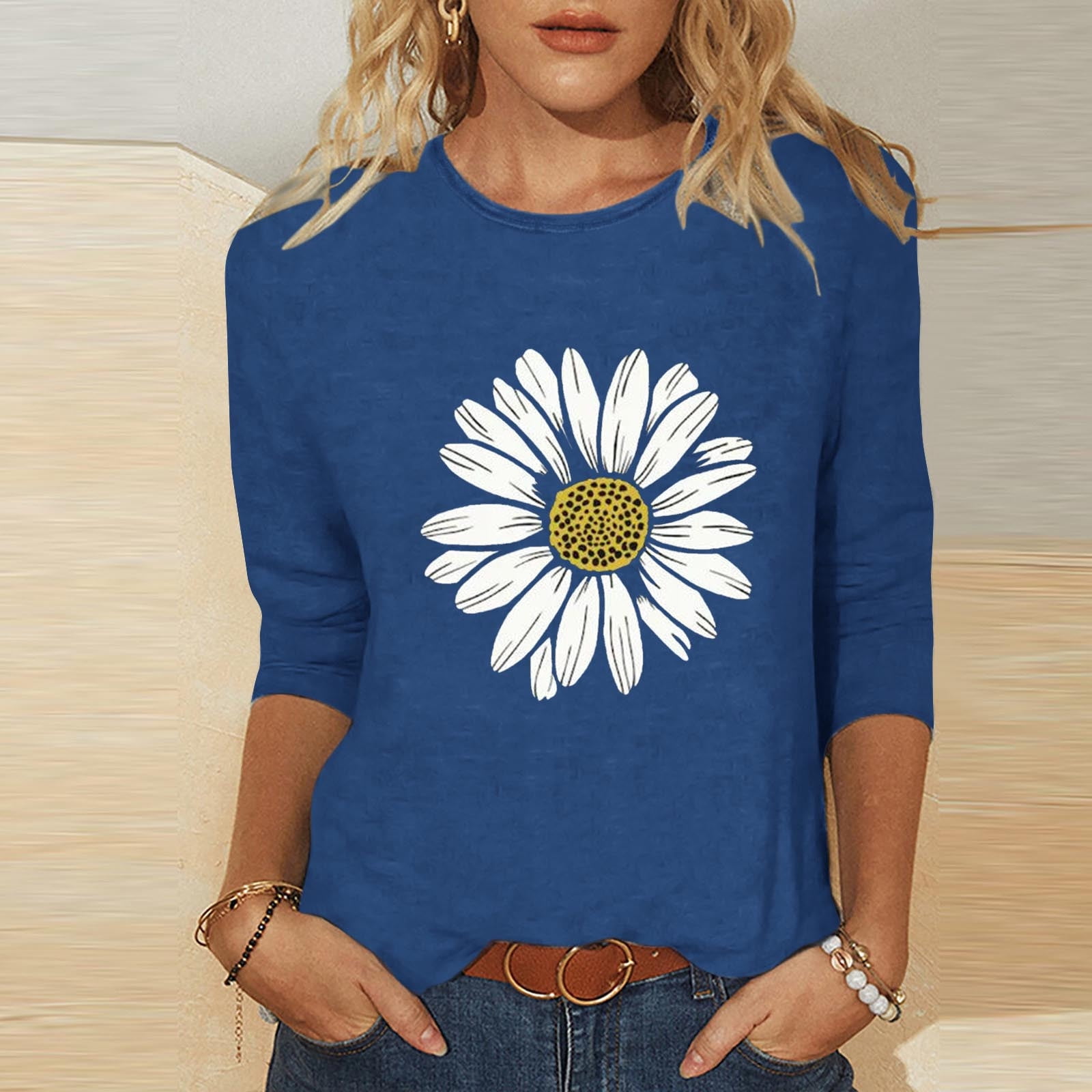 Sakmal Summer Tops for Women 3/4 Sleeve Blue Graphic Crew Neck T-Shirts ...