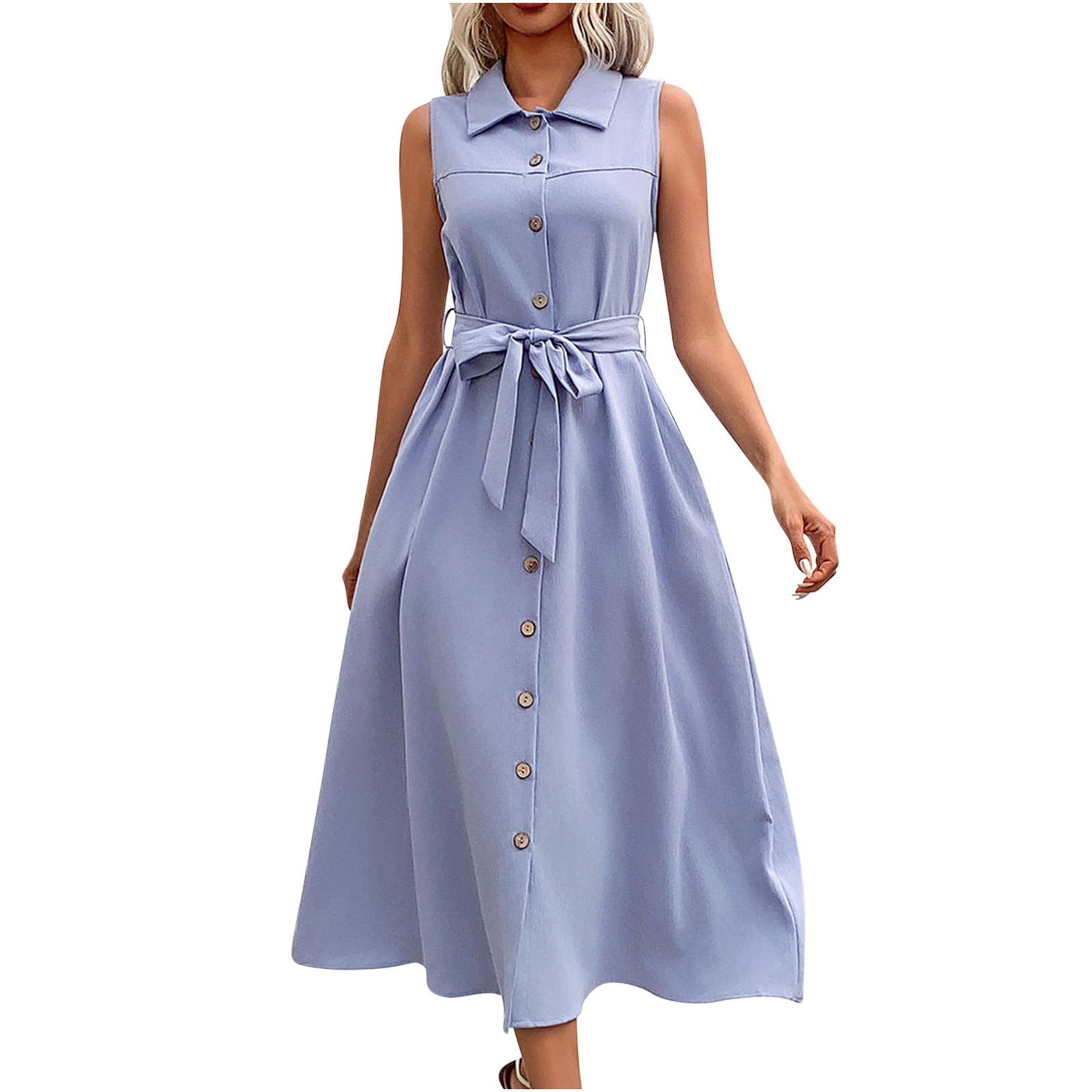 Sakmal Sun Dresses for Women 2024 Collared Blue Maxi Opening Button ...