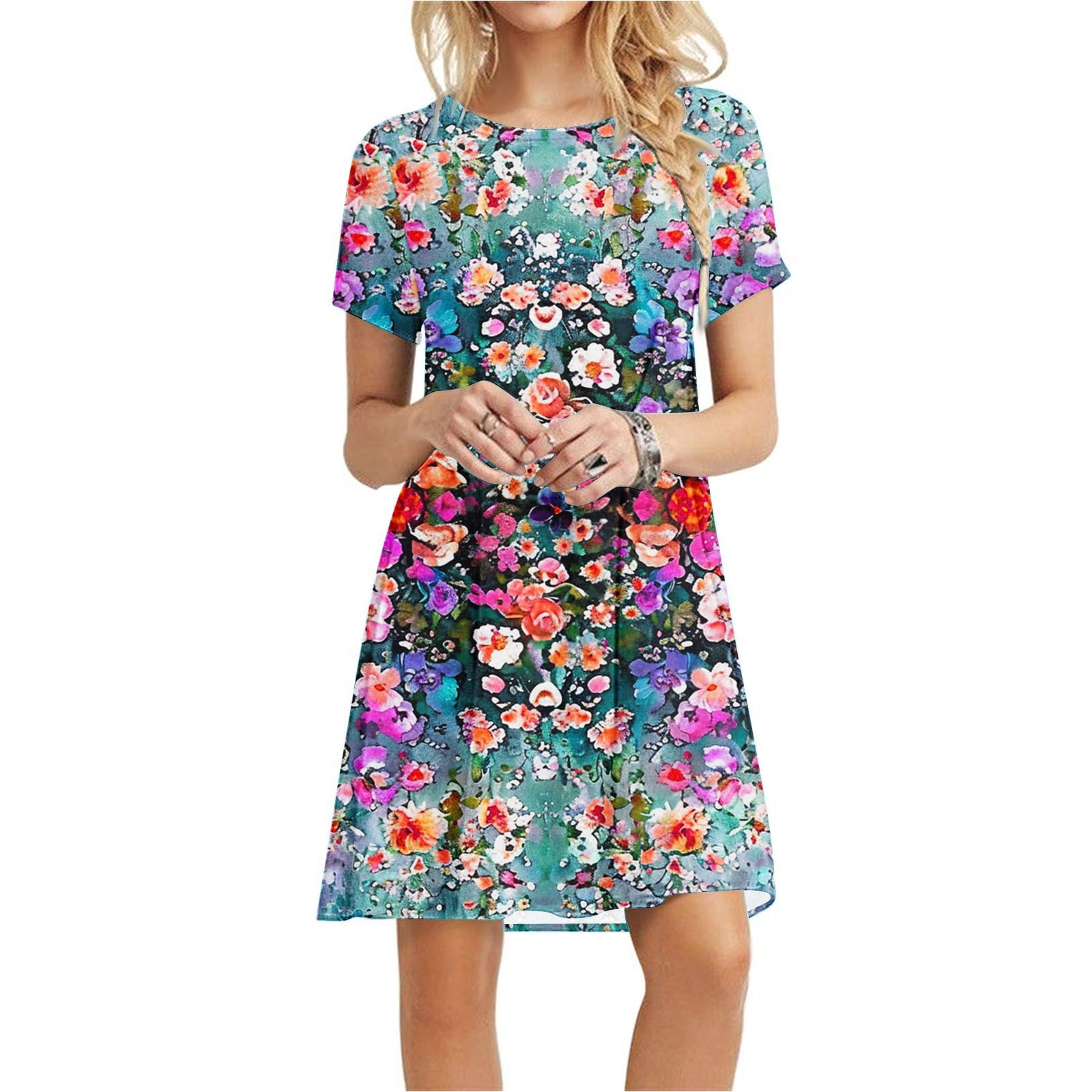 Sakmal Sundresses for Women 2024 Crew Neck Mid-Length Basic Short ...