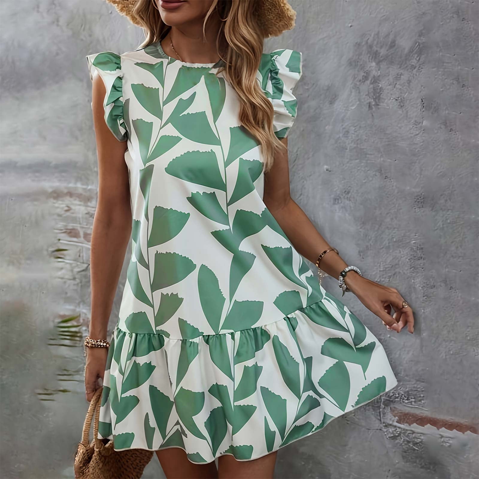 Sakmal Tank Spring Dresses Midi Sundress Green Ruffle Dress Floral ...