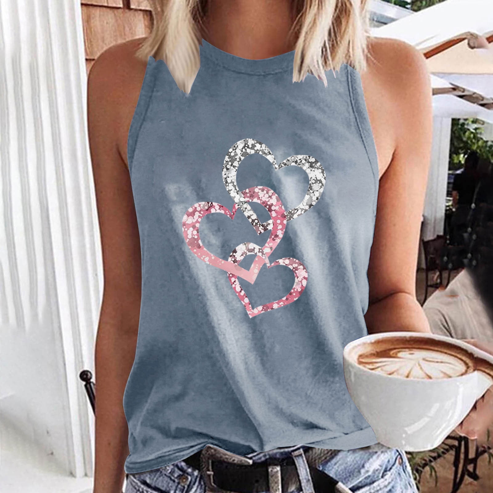 Sakmal Tops Gray Sleeveless Love Heart Crew Neck Tank Tops Shirts for ...