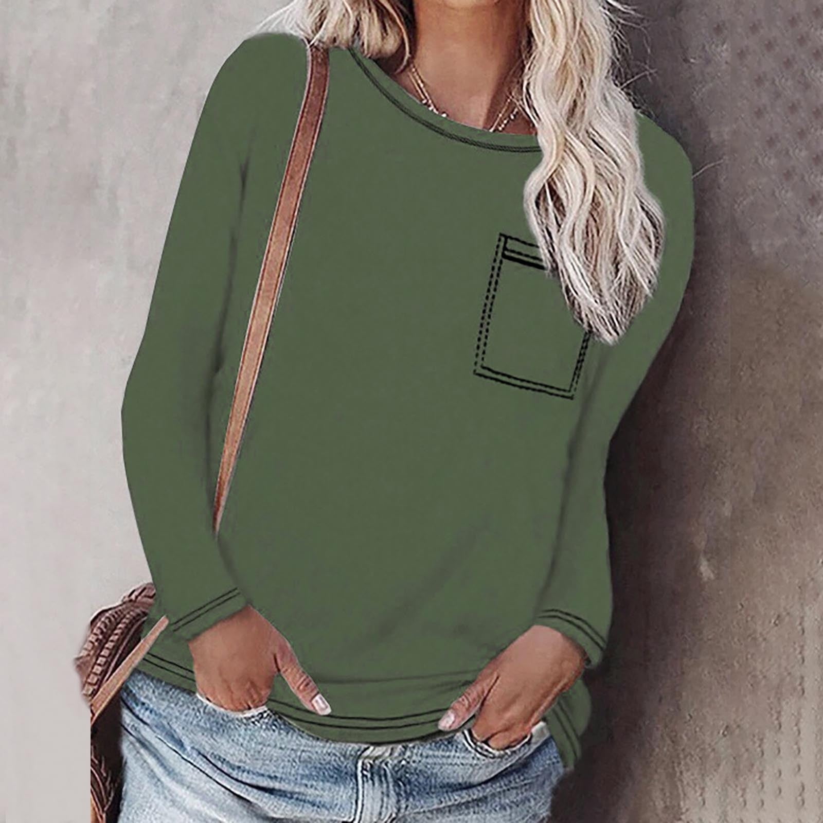 Sakmal Tops Long Sleeve Green Pocket Crew Neck Solid T-Shirts Ladies ...