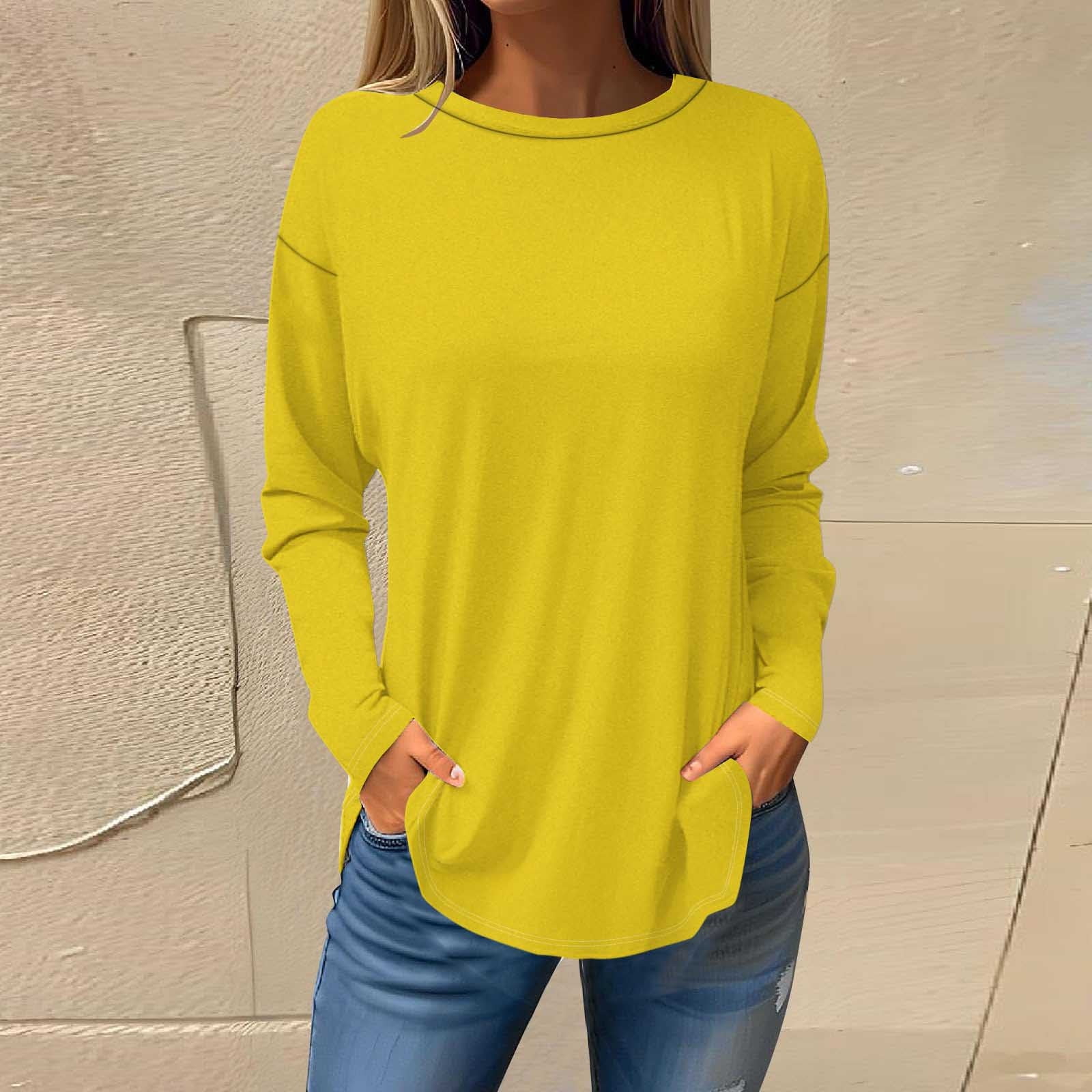 Sakmal Tops Long Sleeve Yellow Solid Crew Neck Tunic Shirts for Women ...