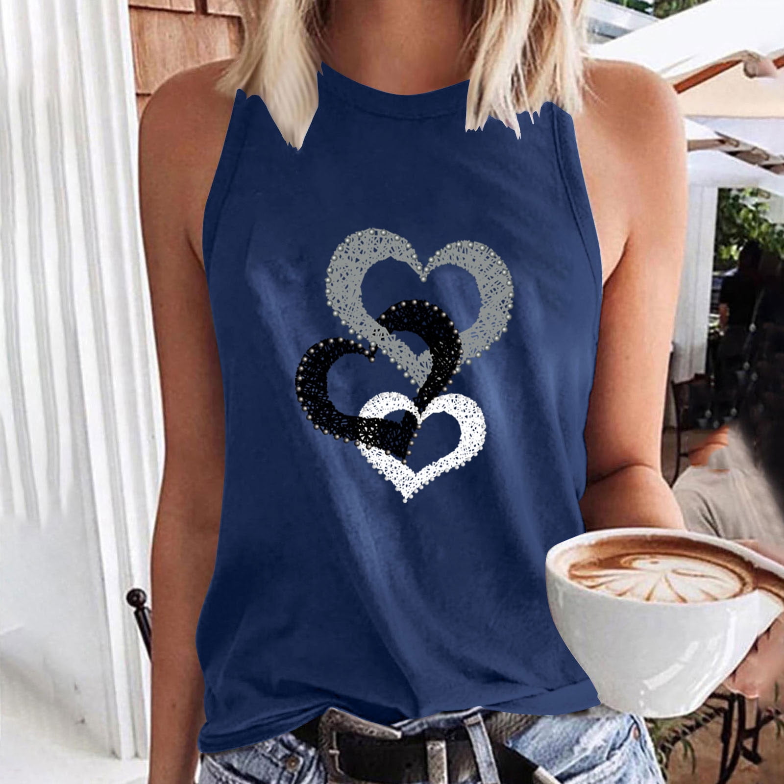 Sakmal Tops Sleeveless Blue Crew Neck Love Heart Tank Tops T Shirts for ...