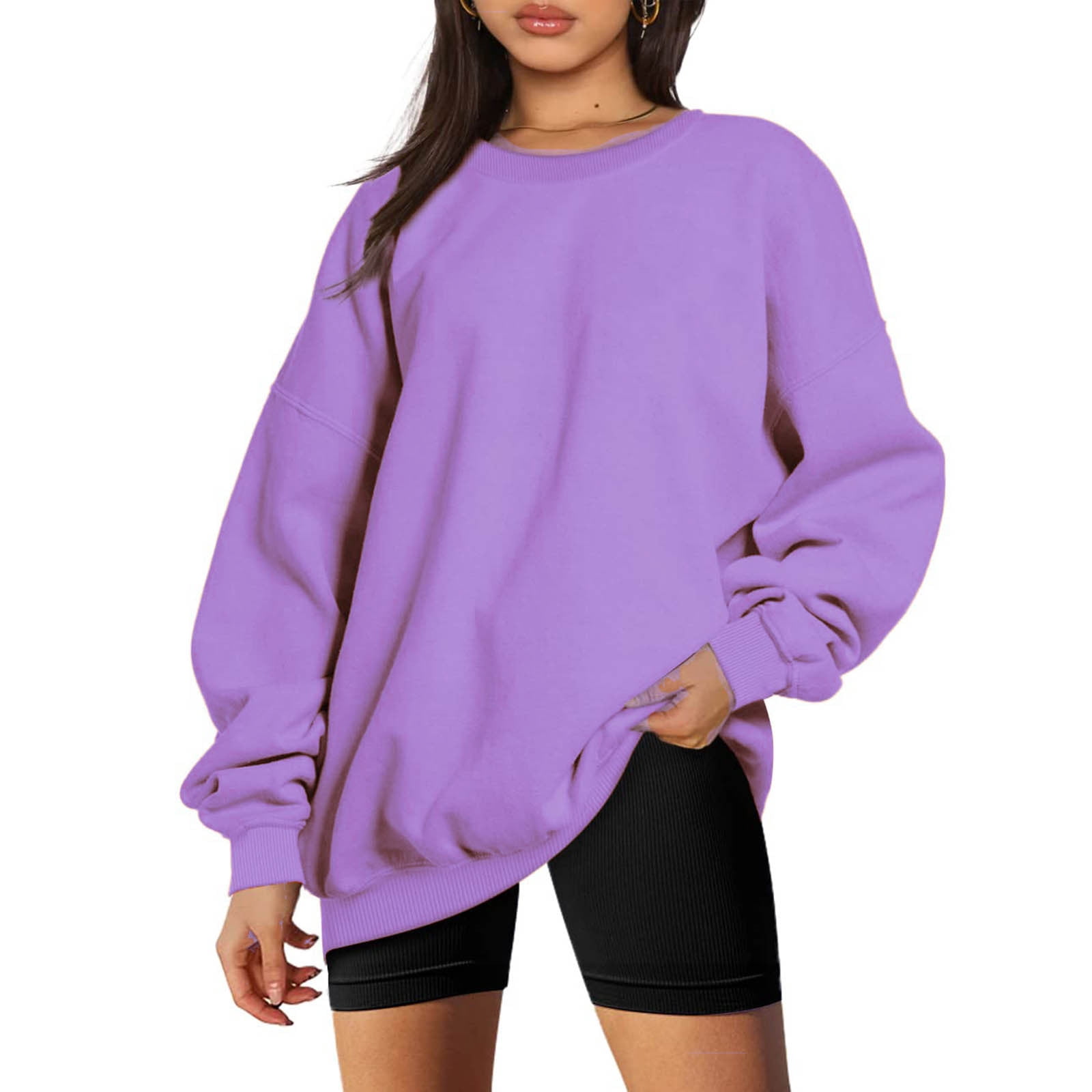 Sakmal Tops for Women Trendy Purple Long Sleeve Solid Crew Neck ...