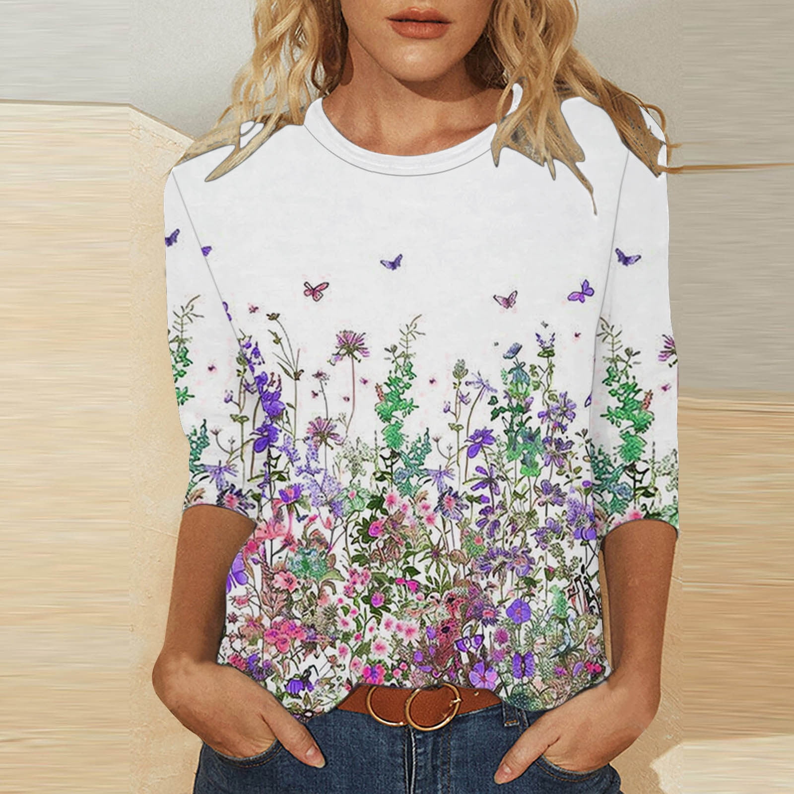 Sakmal Trendy Tops for Women 2024 Elbow-Length Crew Neck Floral Comfy T ...