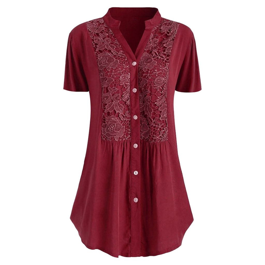 Sakmal Trendy Tops for Women 2024 Short Sleeve Red Solid V-Neck Button ...