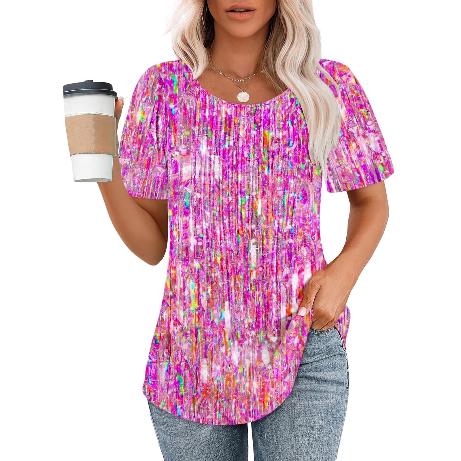 Sakmal V-Neck Womens Tops Casual Pink Short Sleeve Pleated Glitter ...