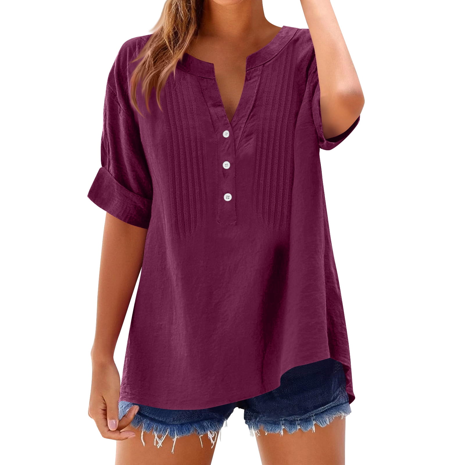 Sakmal V-Neck WorkouT-Shirts Women Pleated Elbow-Length Shirts Tops ...
