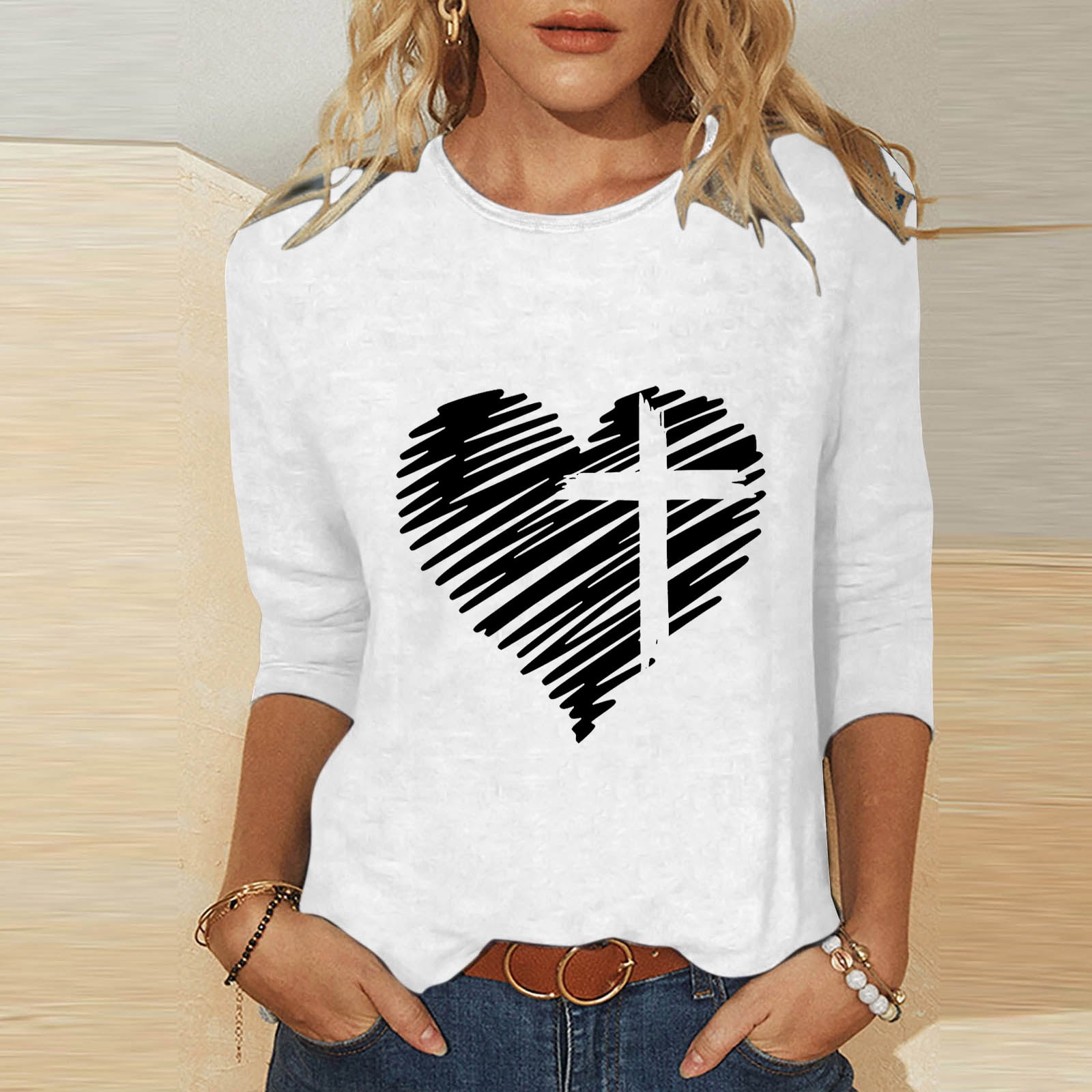 Sakmal White Casual Tops for Women 3/4 Sleeve Crucifix Graphic Crew ...