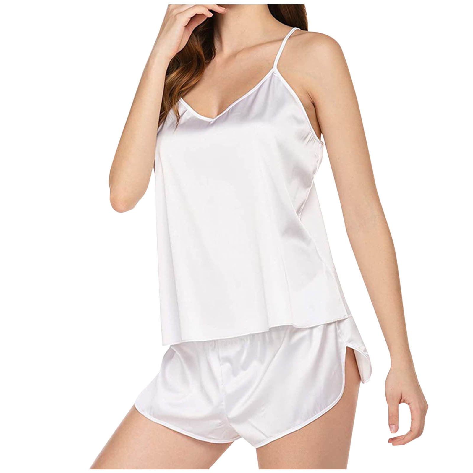 Sakmal White Pajama Sets for Women 2 Piece Shorts and Tank Soft Solid ...