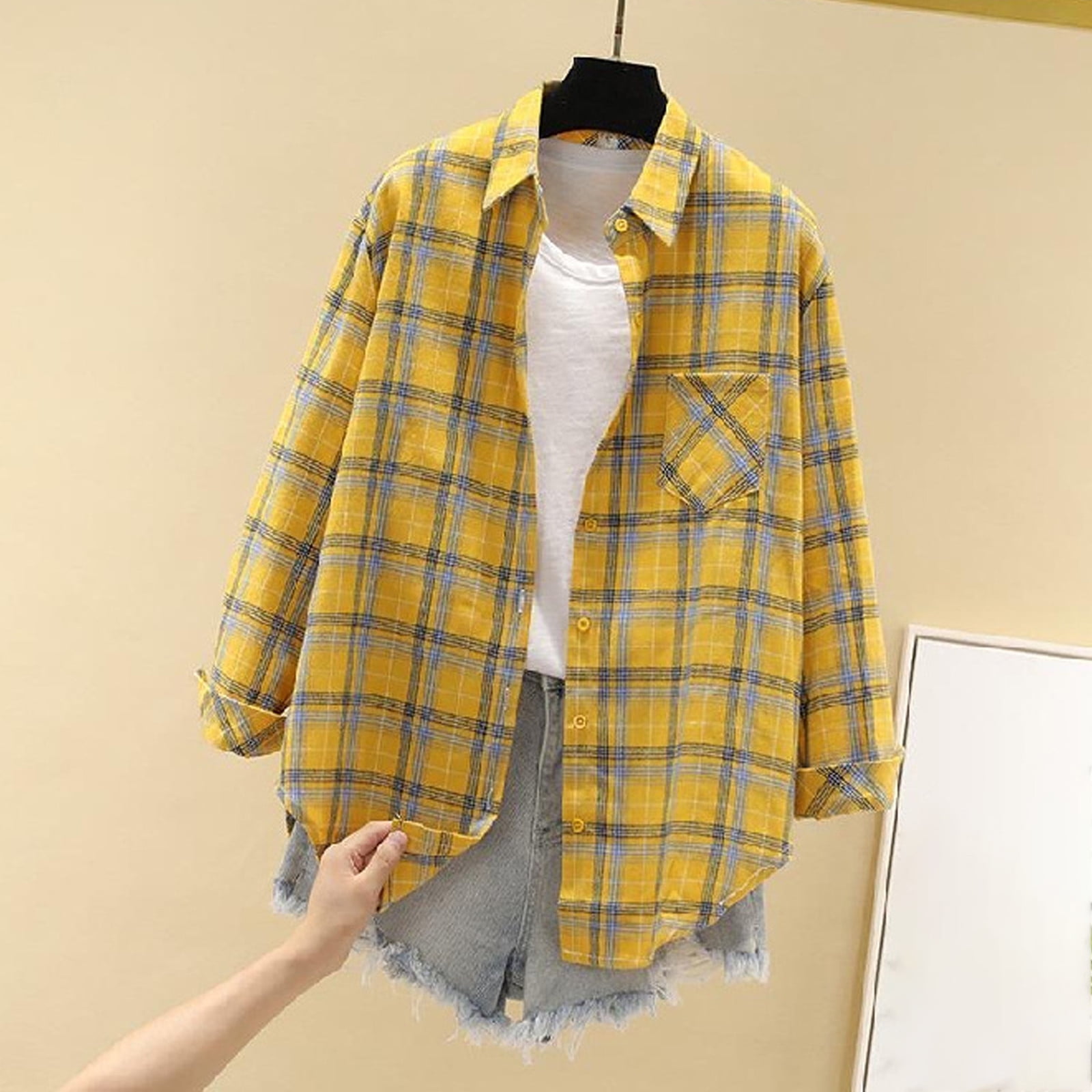 Sakmal Winter Jackets for Women Fleece Flannel Yellow Shacket Shirts ...
