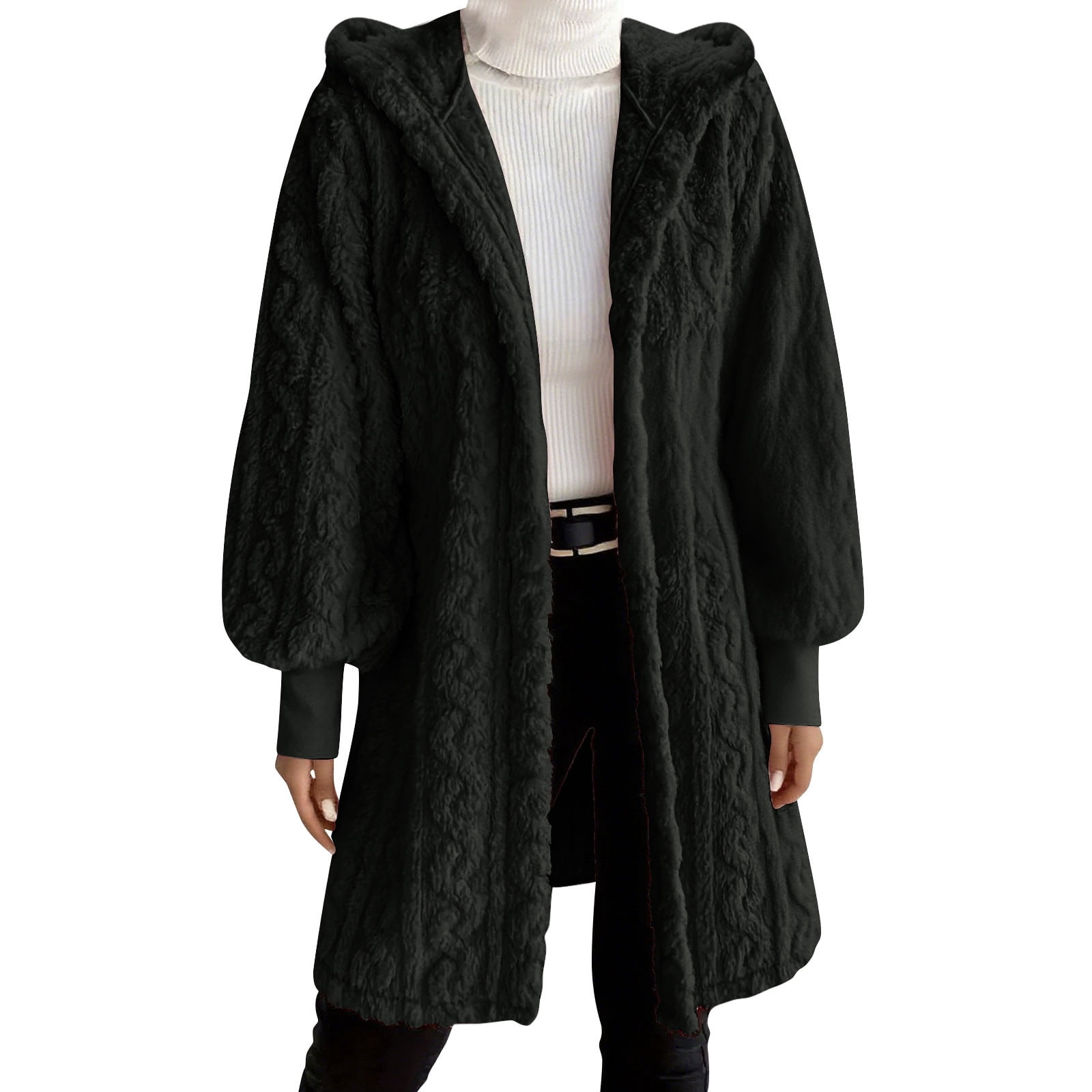 Sakmal Winter Jackets Women Open Front Sherpa Fleece Black Jacket Solid ...