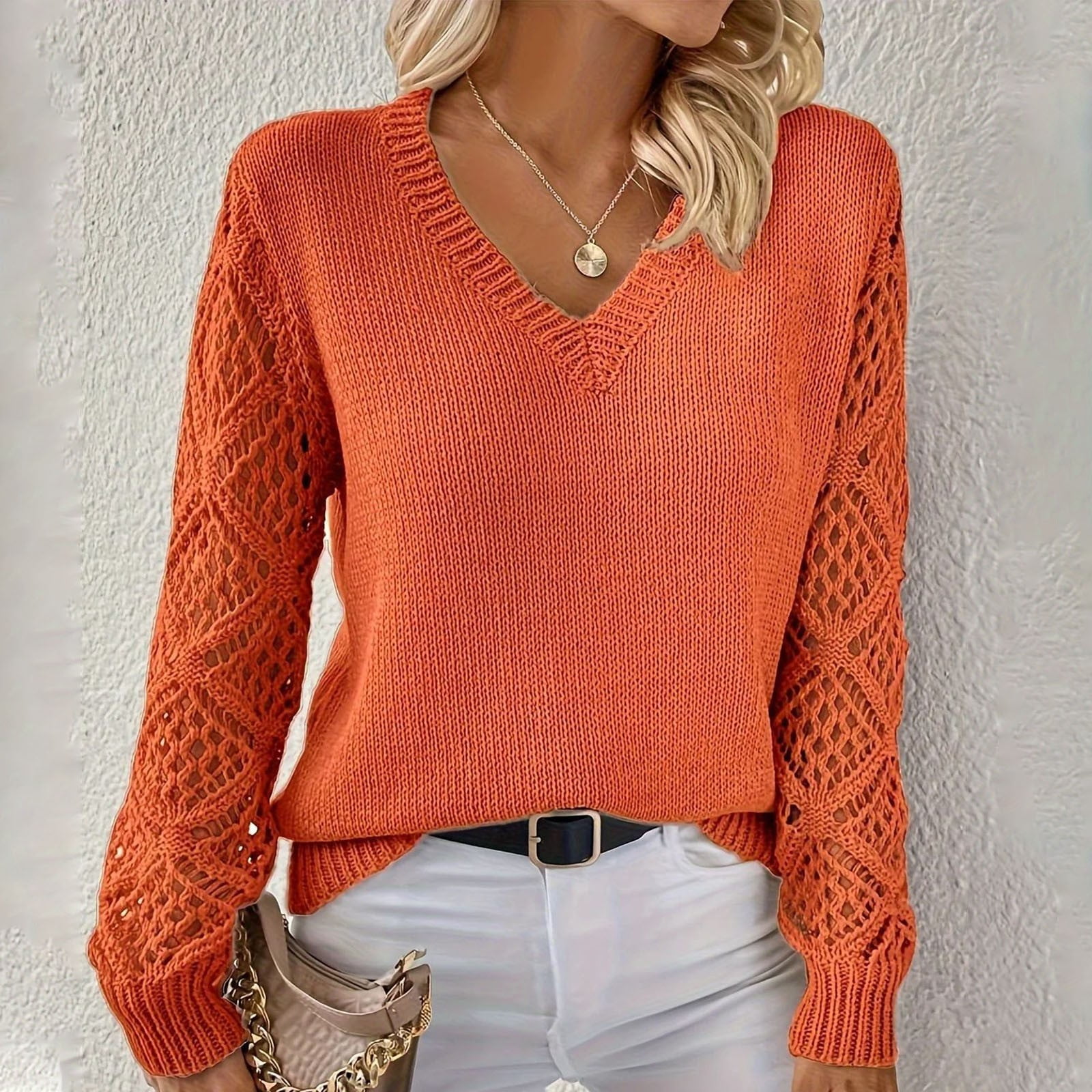 Sakmal Woemns Sweaters Orange Pullover Teacher Ribbed Tops Solid Long ...