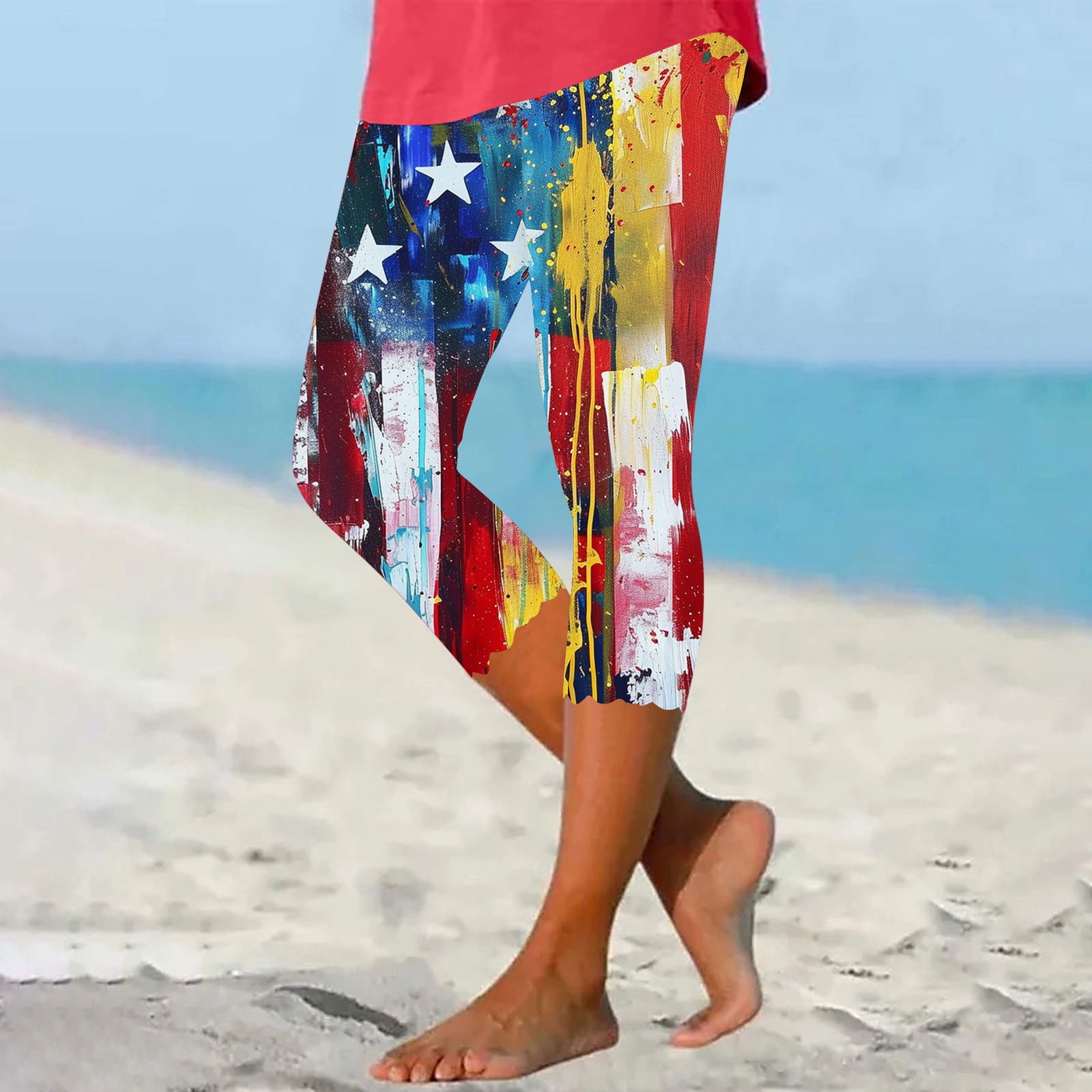 Sakmal Women Capris Plus Size Slim Leg 4Th of July Blue American Flag ...