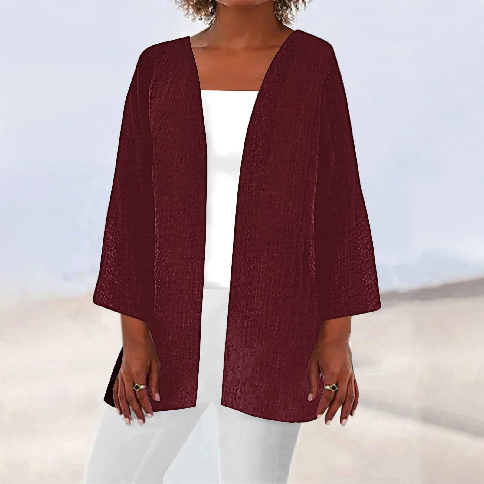 Sakmal Women'S Coats In Clearance Under $10 Red Elbow-Length Cover-Up Flowy Loose Fit Cardigan ...