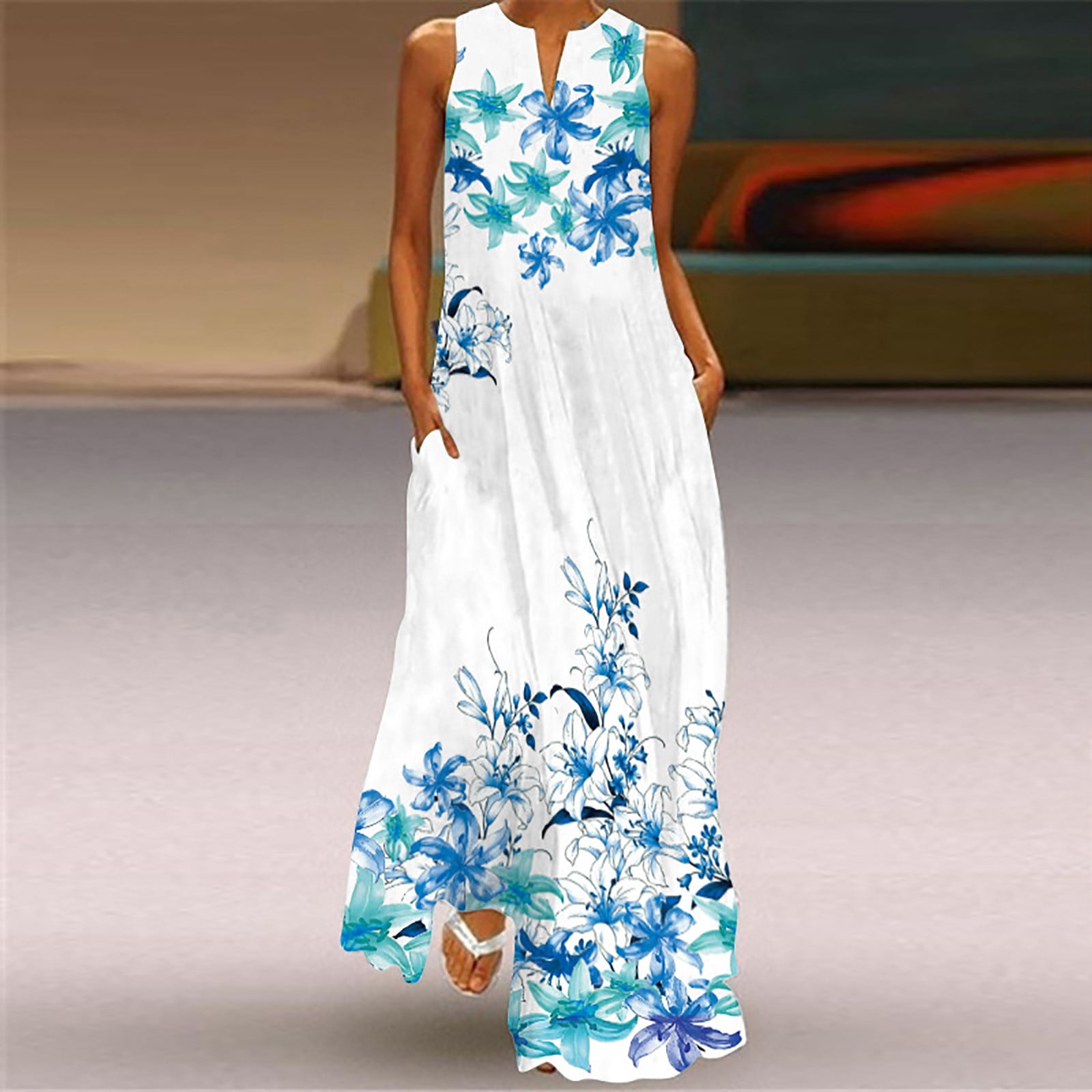 Sakmal Summer Dresses for Women Light Blue Maxi Sun Dress Flower ...