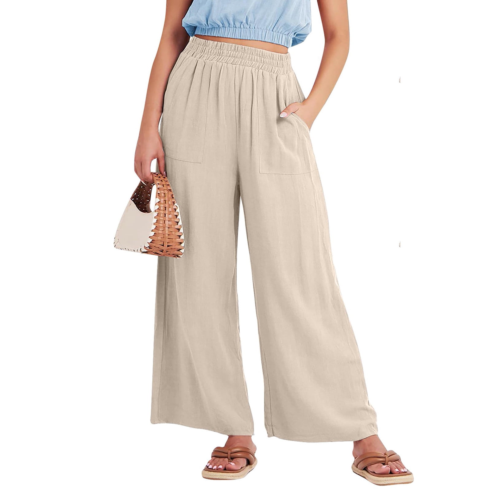 Sakmal Womens Pants Beige Full Wide Leg Pants Linen Pants Solid Pants
