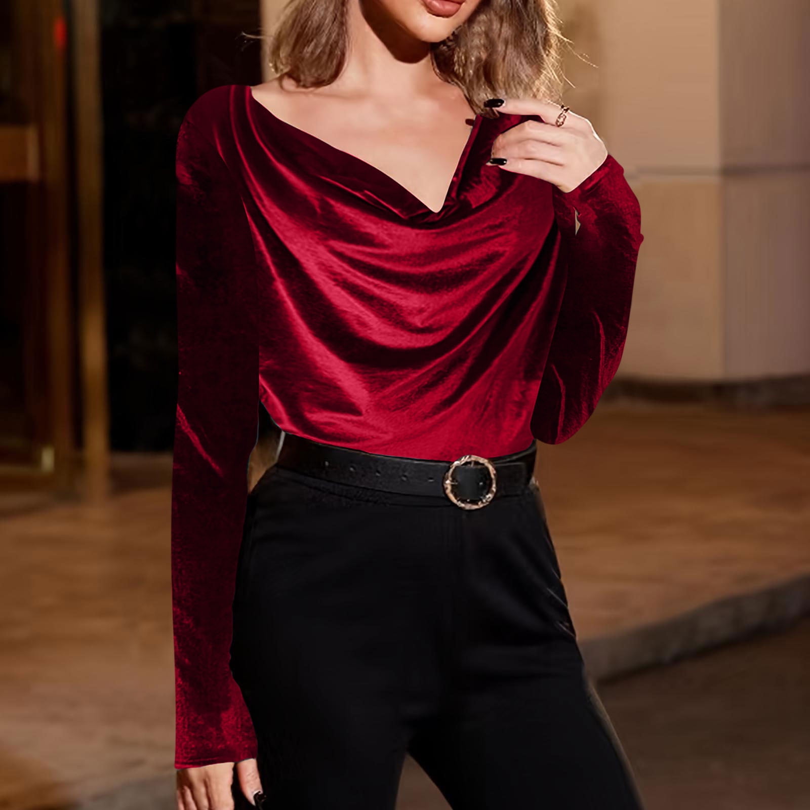 Sakmal Womens Cocktail Shirt Pleated Red Long Sleeve Shirts Evening V ...