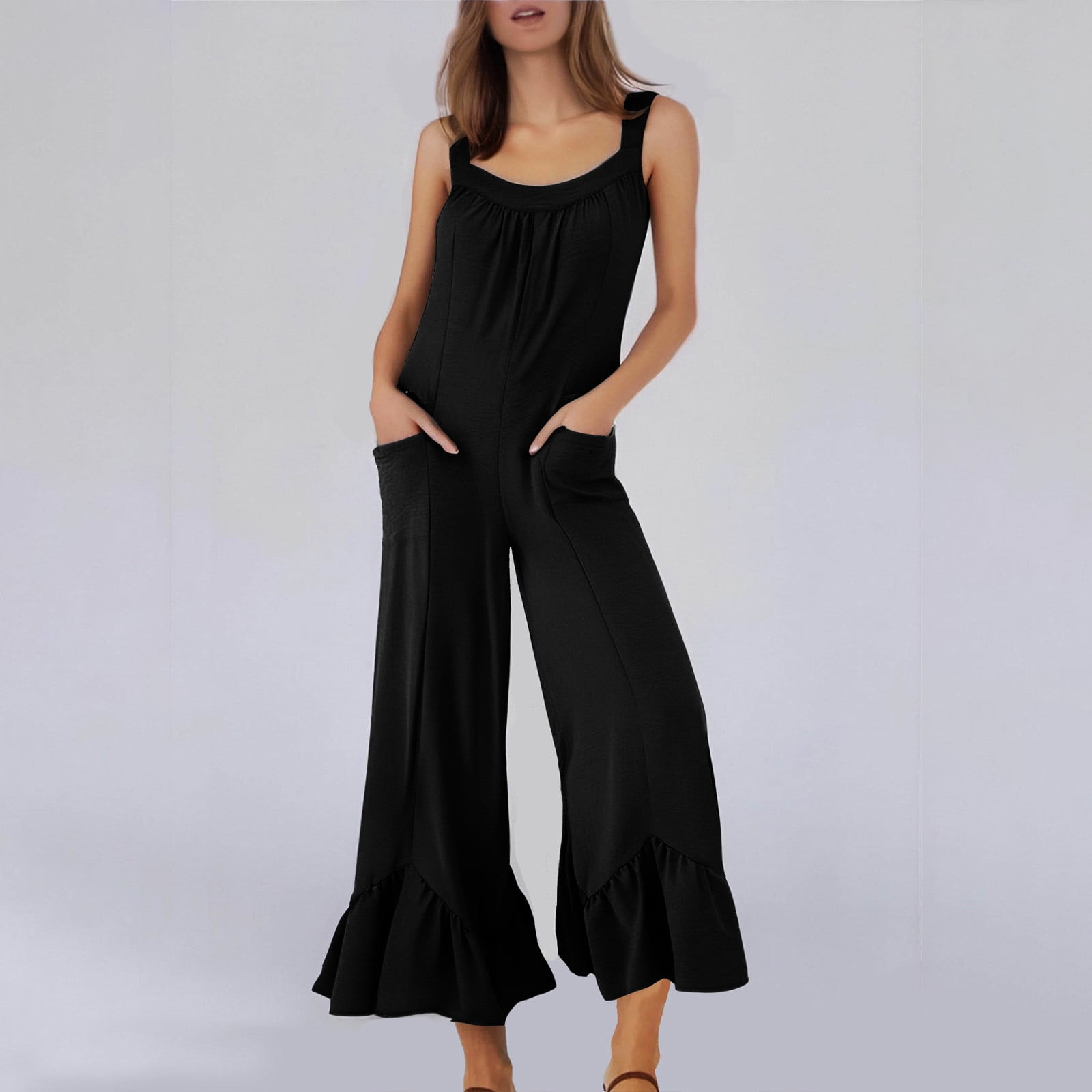 Sakmal Womens Jumpsuit Flare Leg Ruffle Flowy Solid Overalls Full Scoop ...