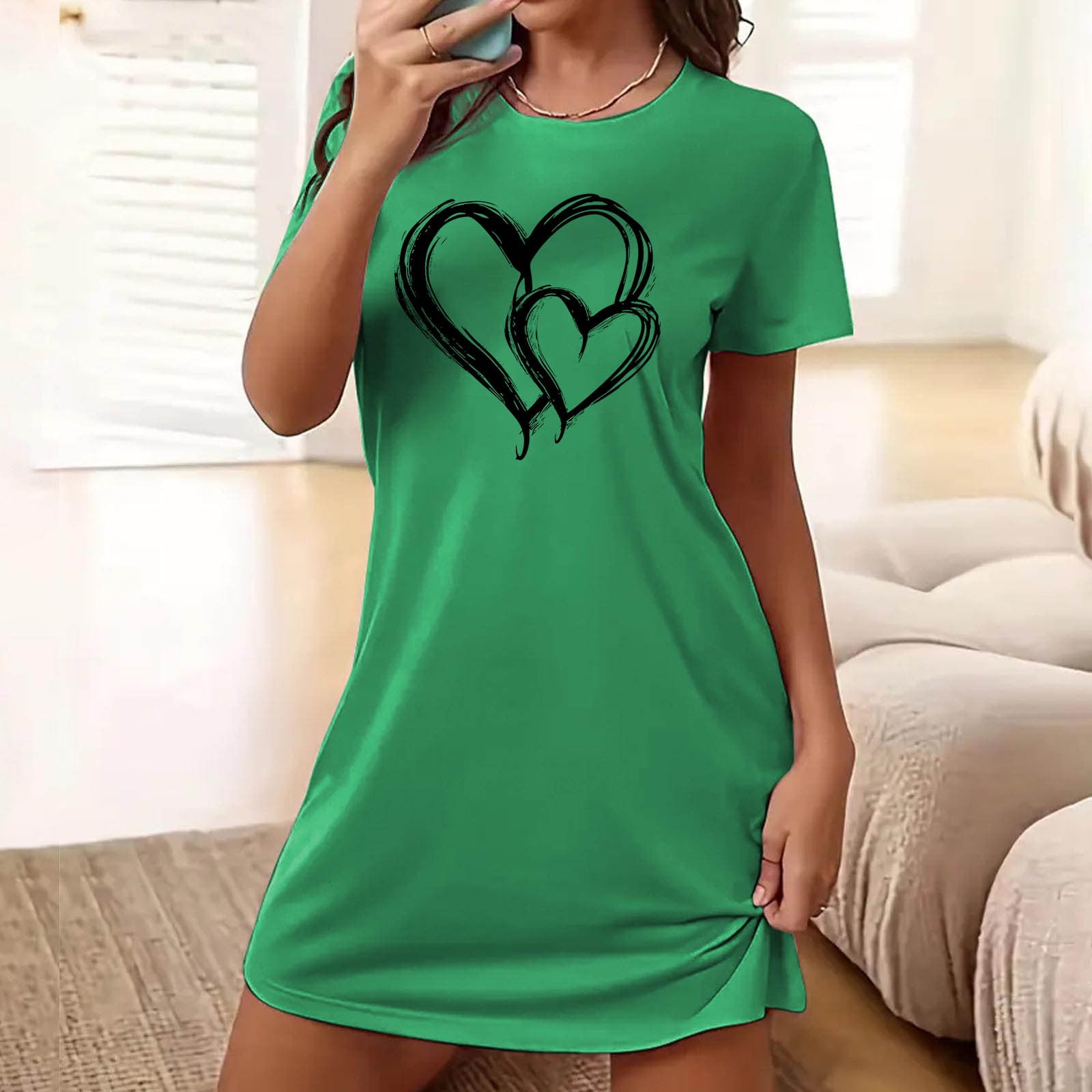 Sakmal Womens Moomoo Nightgowns Cute Lightweight House Dress Hearts Print Green Short Sleeve ...
