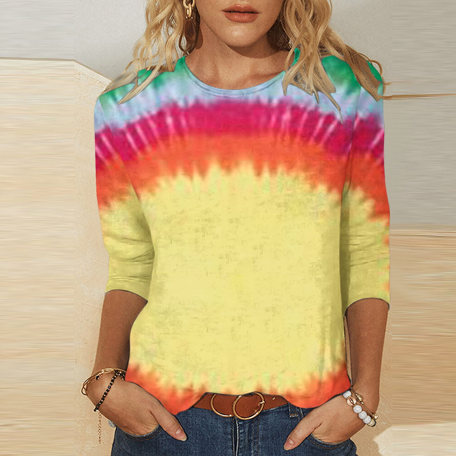 Sakmal Womens Plus Size Tops 3 4 Sleeve Crew Neck Tie Dye T Shirts