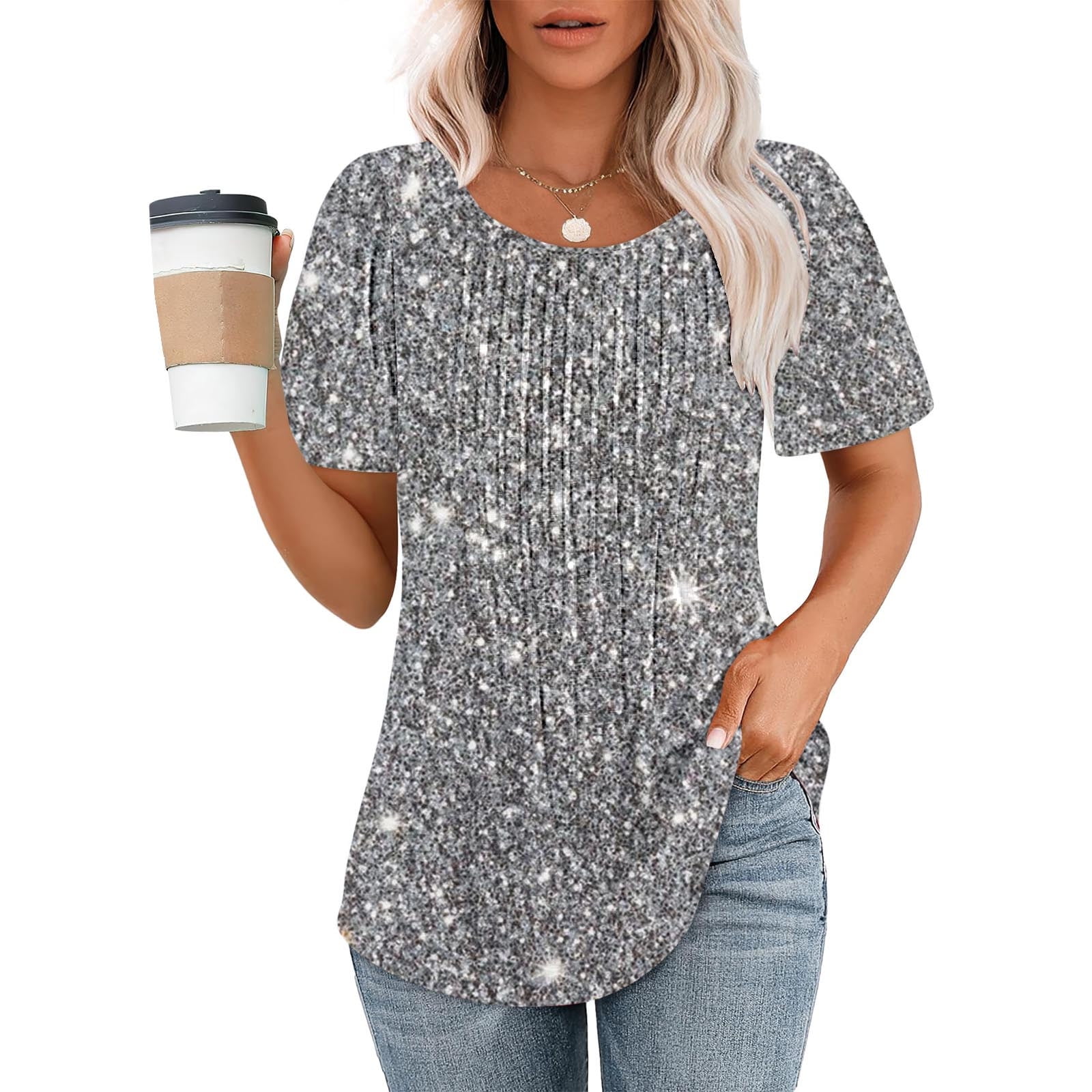 Sakmal Gray Womens Tops Casual V-Neck Short Sleeve Pleated Glitter ...