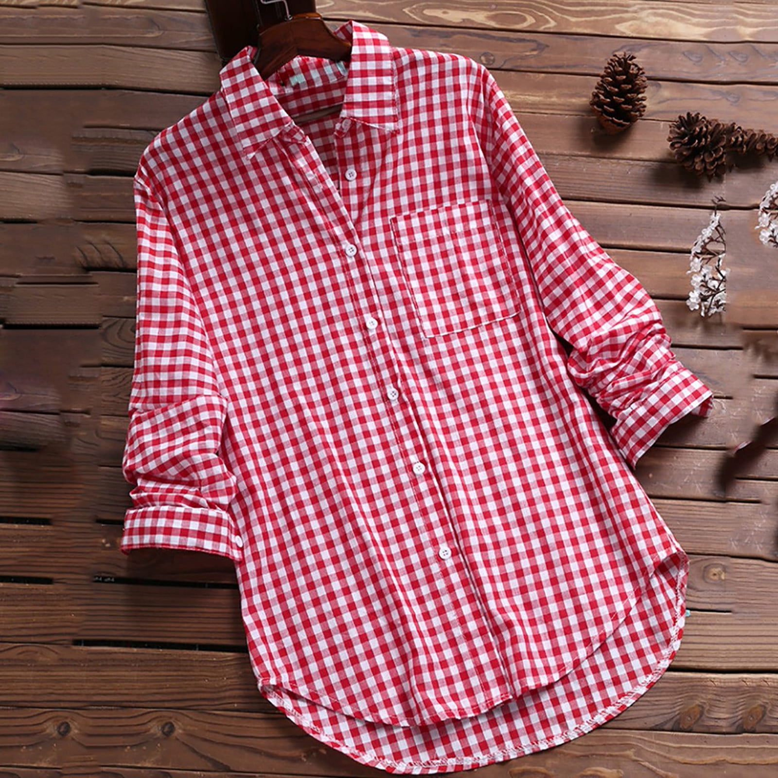 Sakmal Womens Tops Plus Size Red Long Sleeve Button Plaid Collared ...