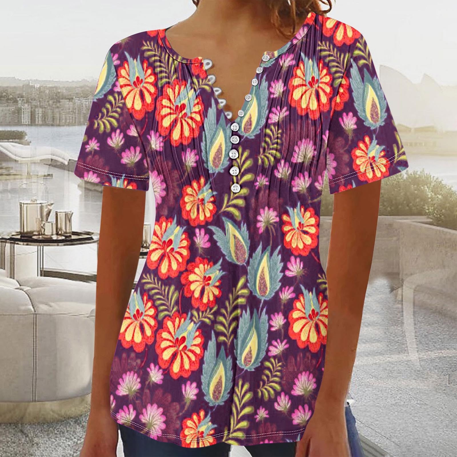 Sakmal Womens Tops Plus Size Short Sleeve Pleated Button Floral V Neck