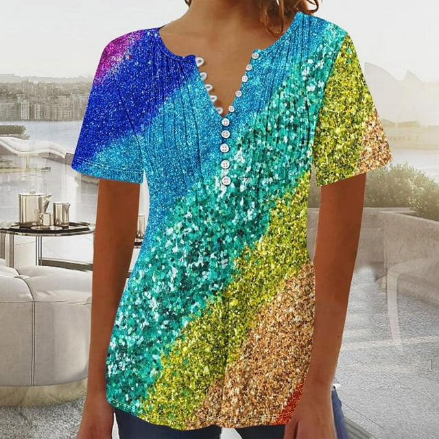 Sakmal Womens Tops Plus Size Short Sleeve Pleated Floral V Neck Button