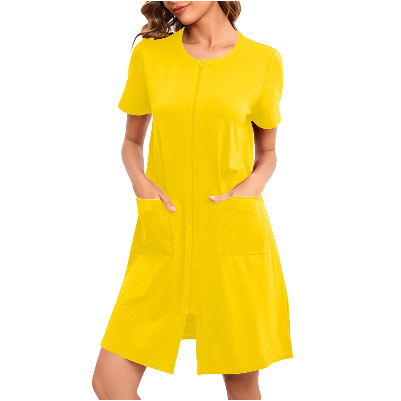 Sakmal Yellow Moomoo Nightgowns Women Knee Length Full Zip Cute Night ...