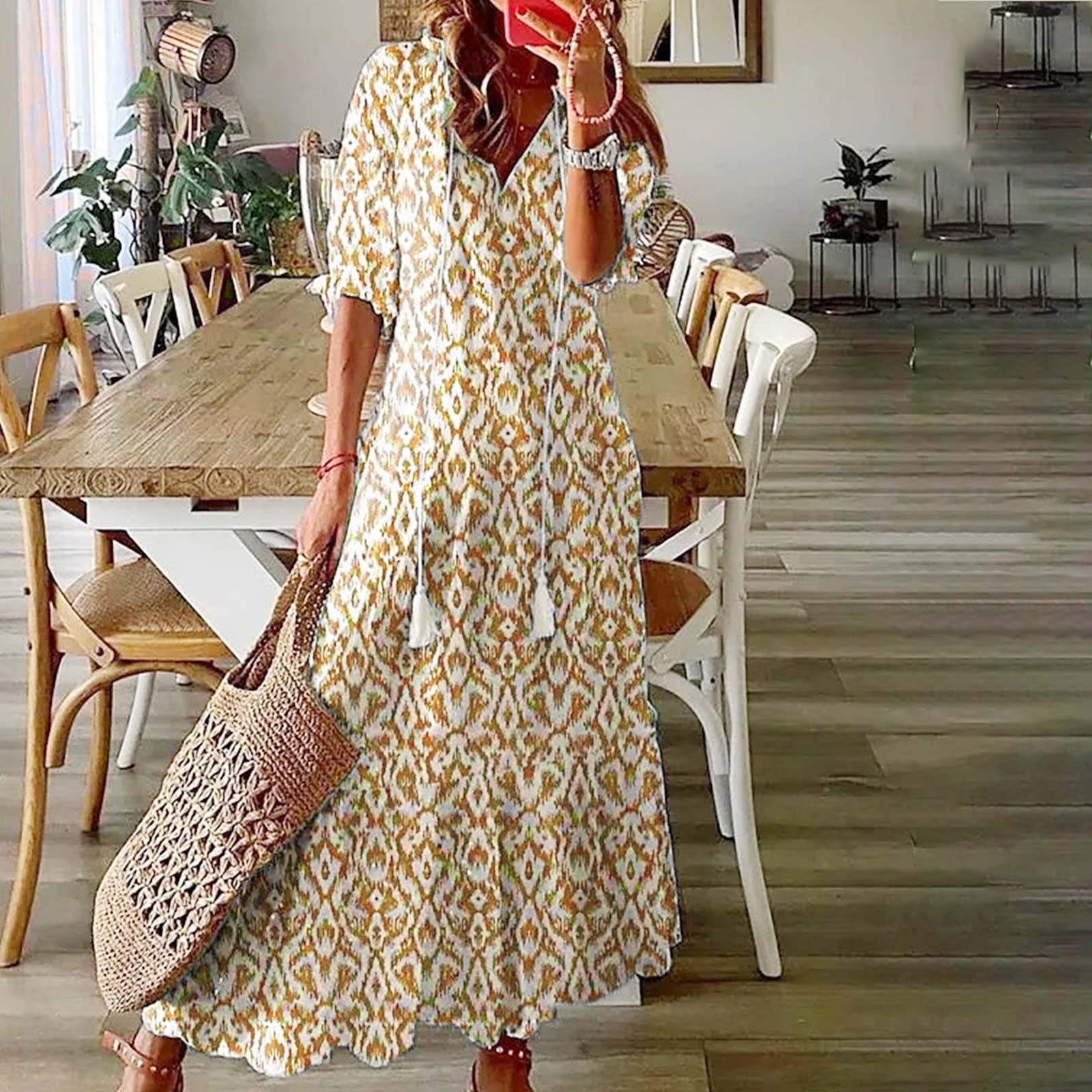 Sakmal Yellow Women Dresses Long Shift Dresses Elbow-Length Boho Trendy ...