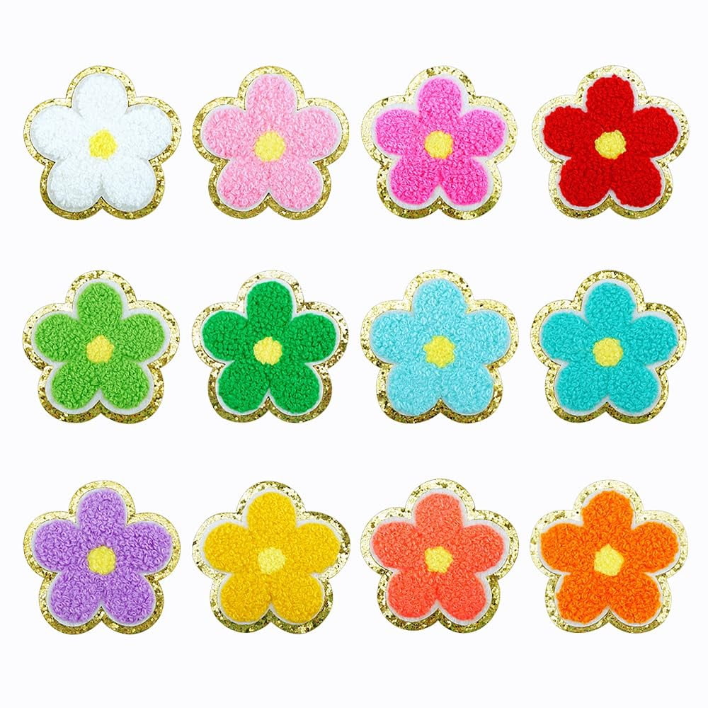 SaktopDeco 12 PCS Flower Patches Chenille Patches Gold Edges Colorful ...