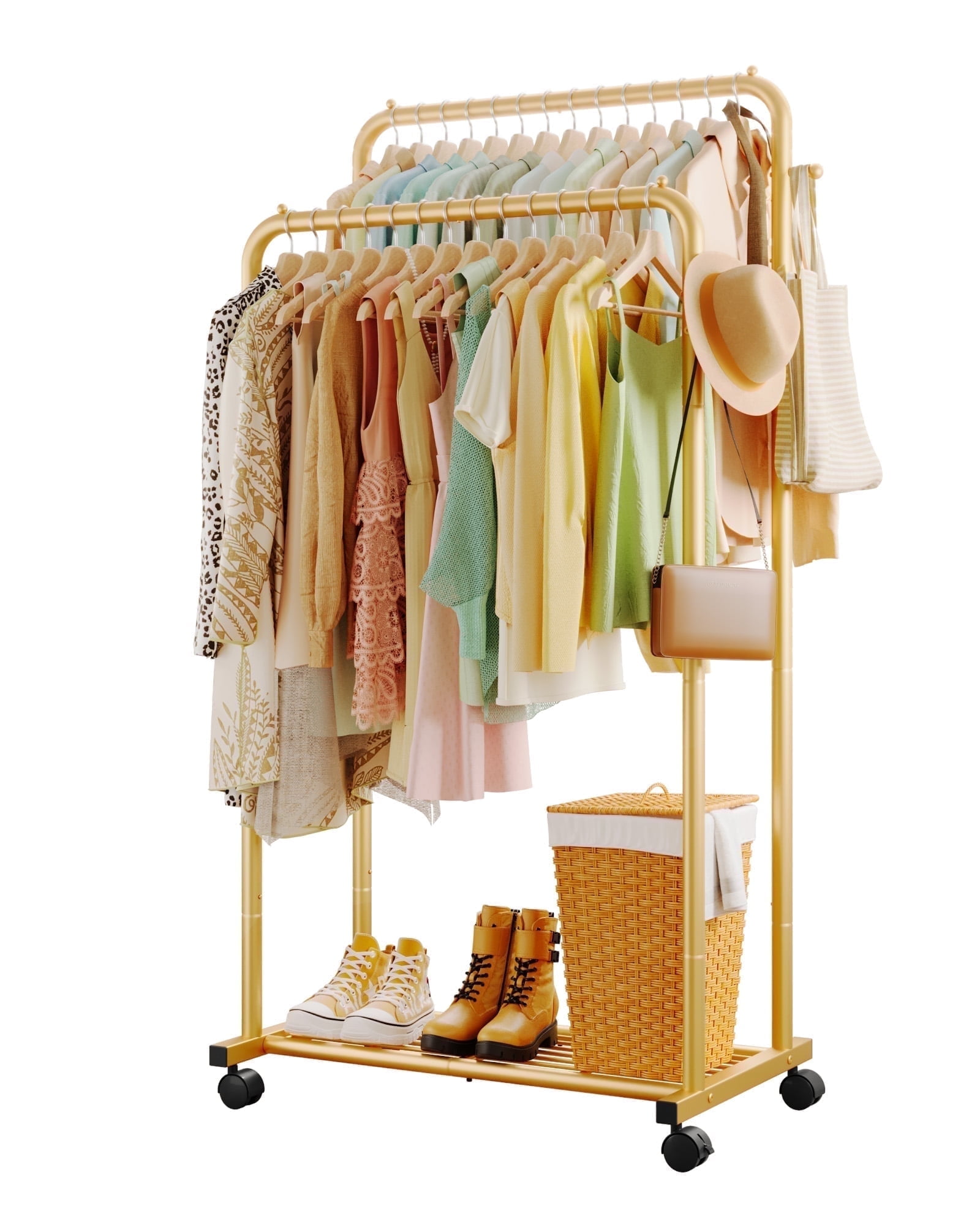 Sakugi Clothes Rack, Double-Rod Garment Rack with Hooks & Mesh Shlef ...