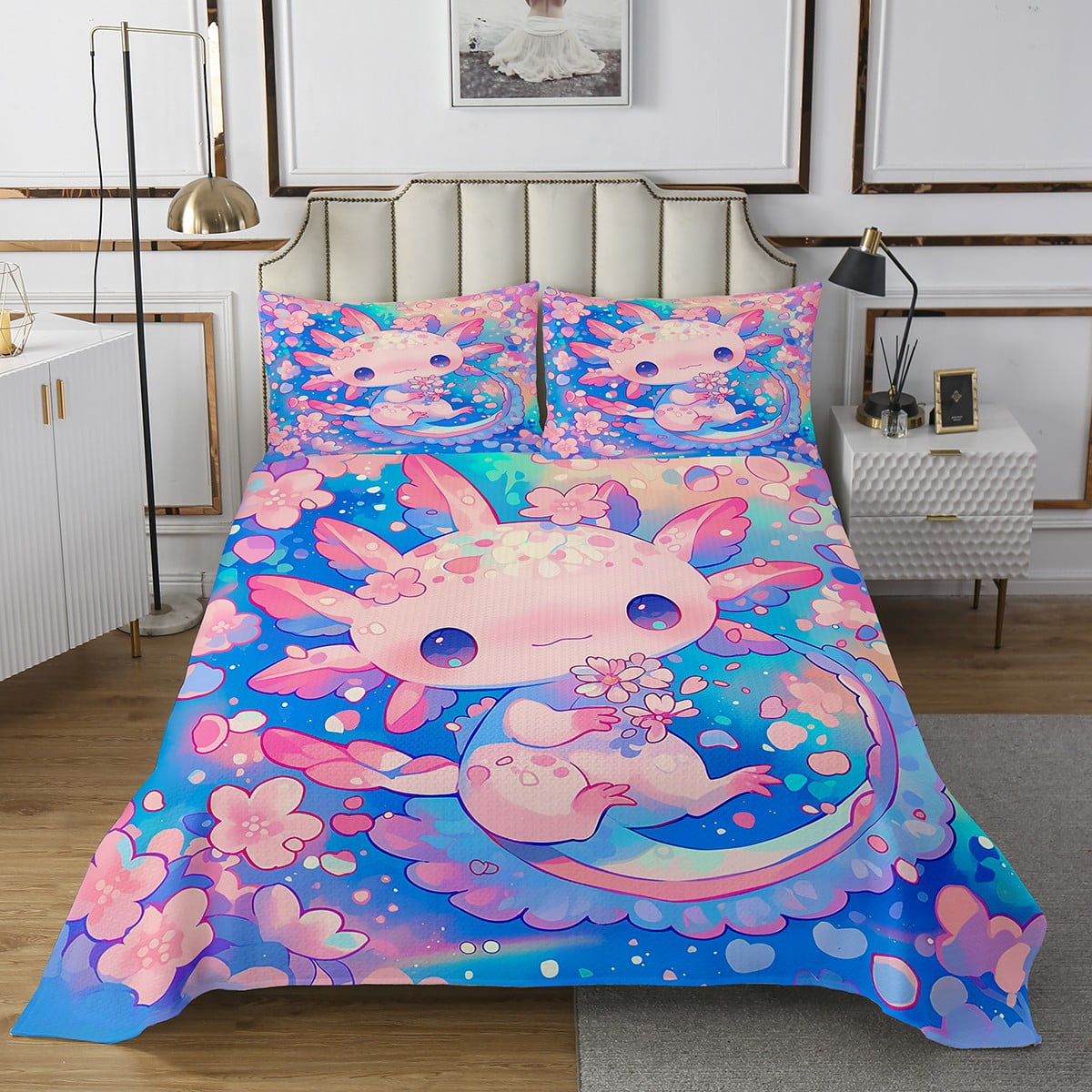 Sakura Axolotl King Bedspread Set Cartoon Salamander Coverlet Set Pink ...