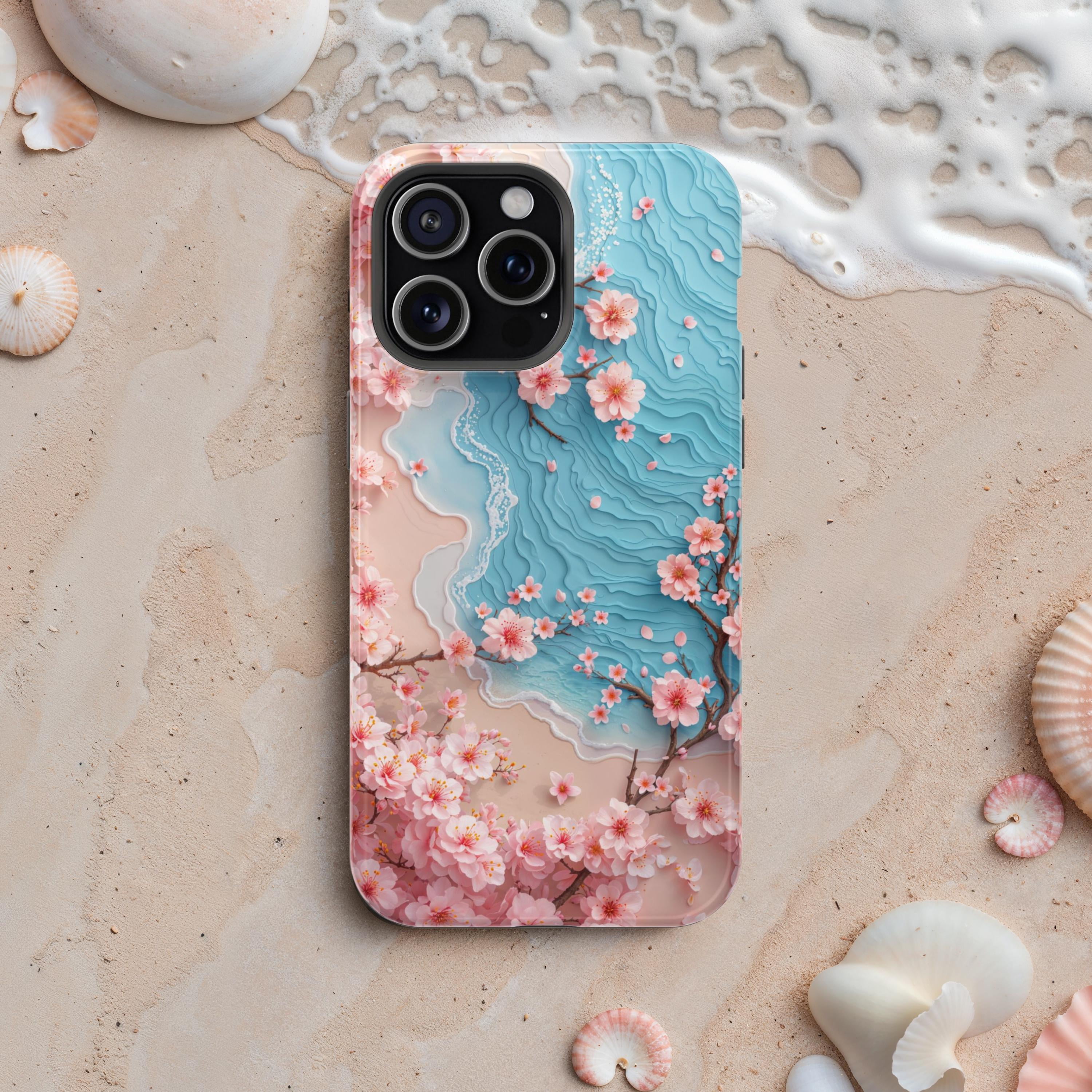 Sakura Beach Wave Phone Case Blossom Ocean Art for iPhone 17 to 11 Pro ...