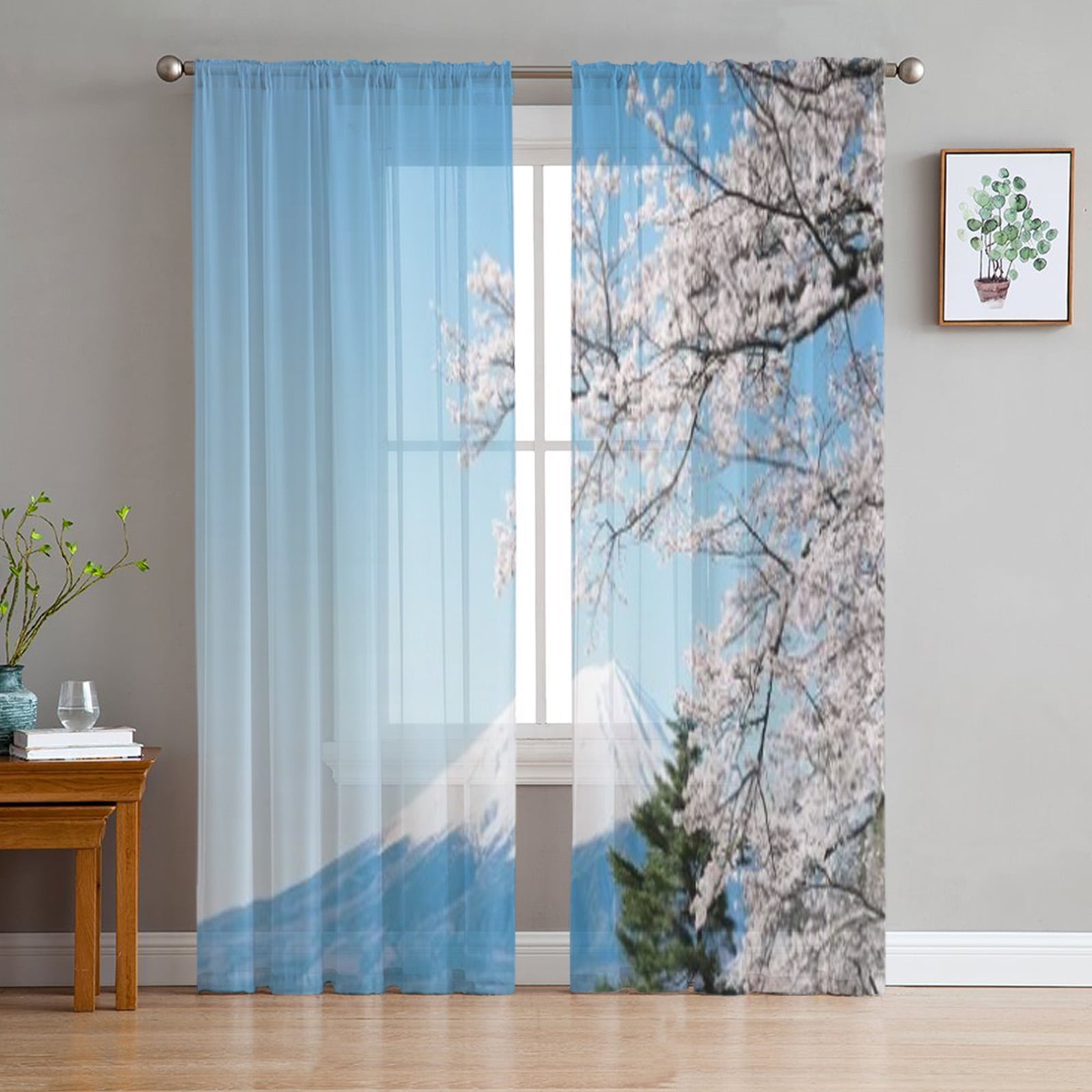 Sakura Blossom Japanese Cherry Tree Chiffon Sheer Curtains for Living ...