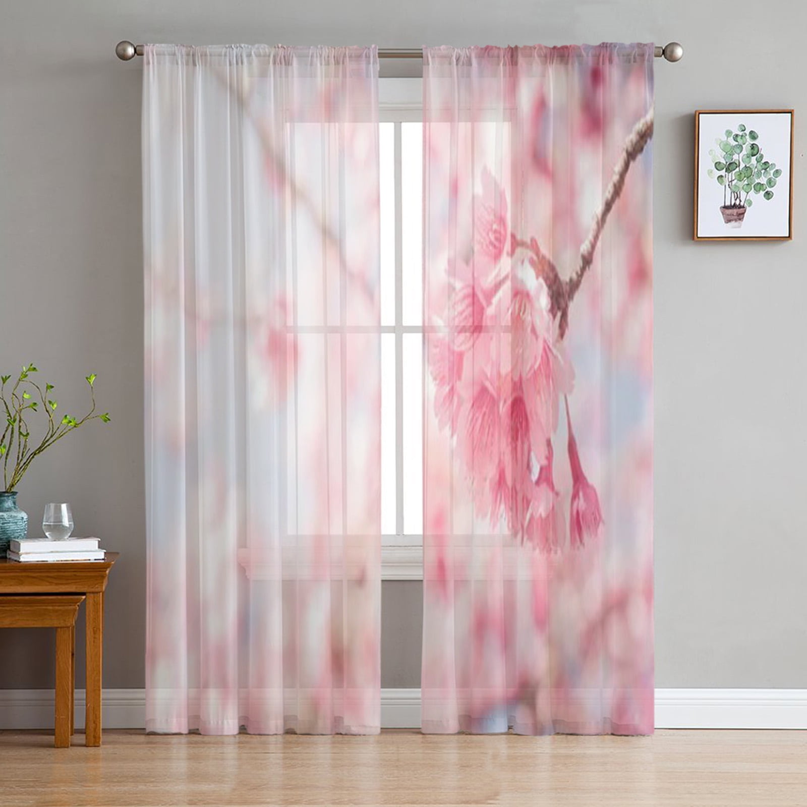 Sakura Blossom Japanese Cherry Tree Chiffon Sheer Curtains for Living ...