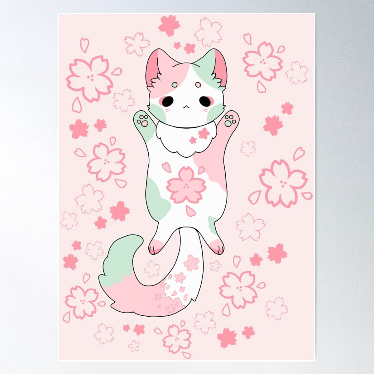 Sakura Flower Kawaii Neko Poster Wall Art, Modern Wall Decor For Living ...