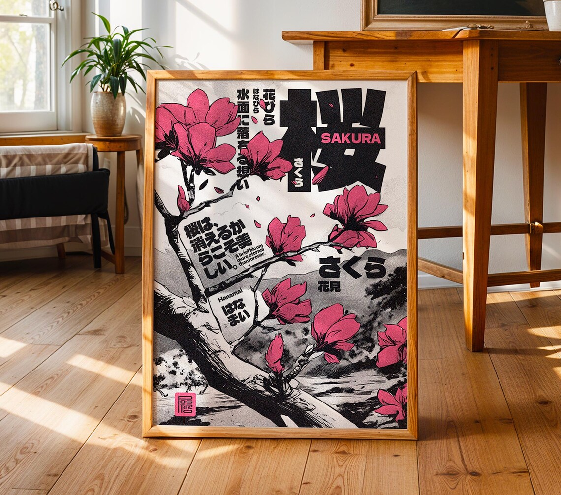 Sakura Japanese Cherry Blossom Print, Pink Manga Style Wall Art, Retro ...
