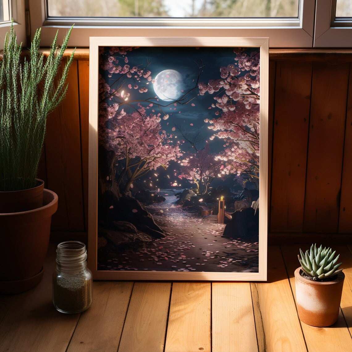 Sakura Moon Night Scenery Fantastic Wall Decor, Japanese Cherry ...