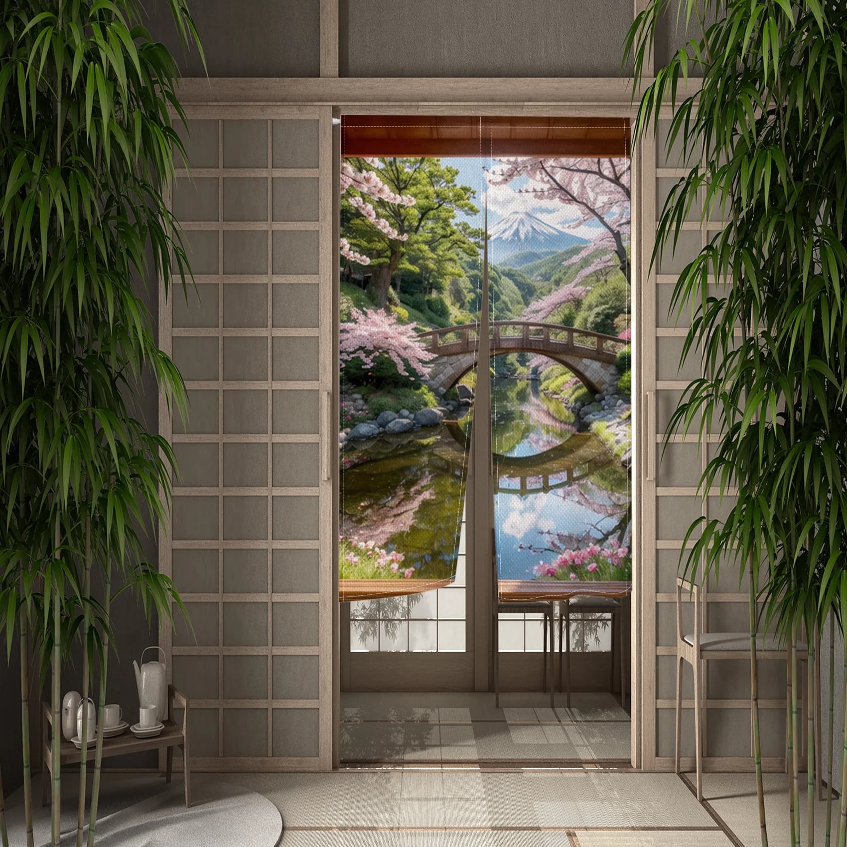Sakura Mount Fuji Bridge Tower Landscape Japanese Noren Split Door Curtain Doorway Curtains for ...