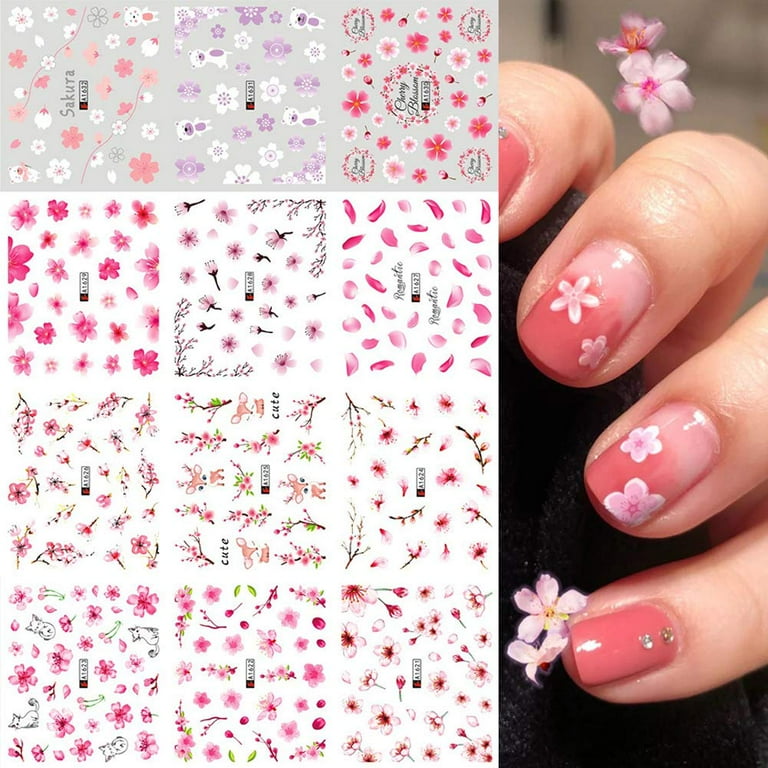 Sakura Nail Water Stickers Decals Pink Cherry Blossoms Tree with Leaves Nail Art Sliders Summer for Nail Art Decoration Watermark Flower Designs Foil Nail Art Stickers Manicure Tips Decorations 12PCS ...