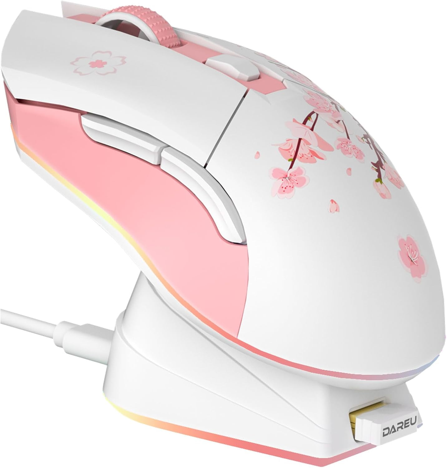 Sakura Pink Wireless Gaming Mouse with Charging Dock Rechargeable RGB ...