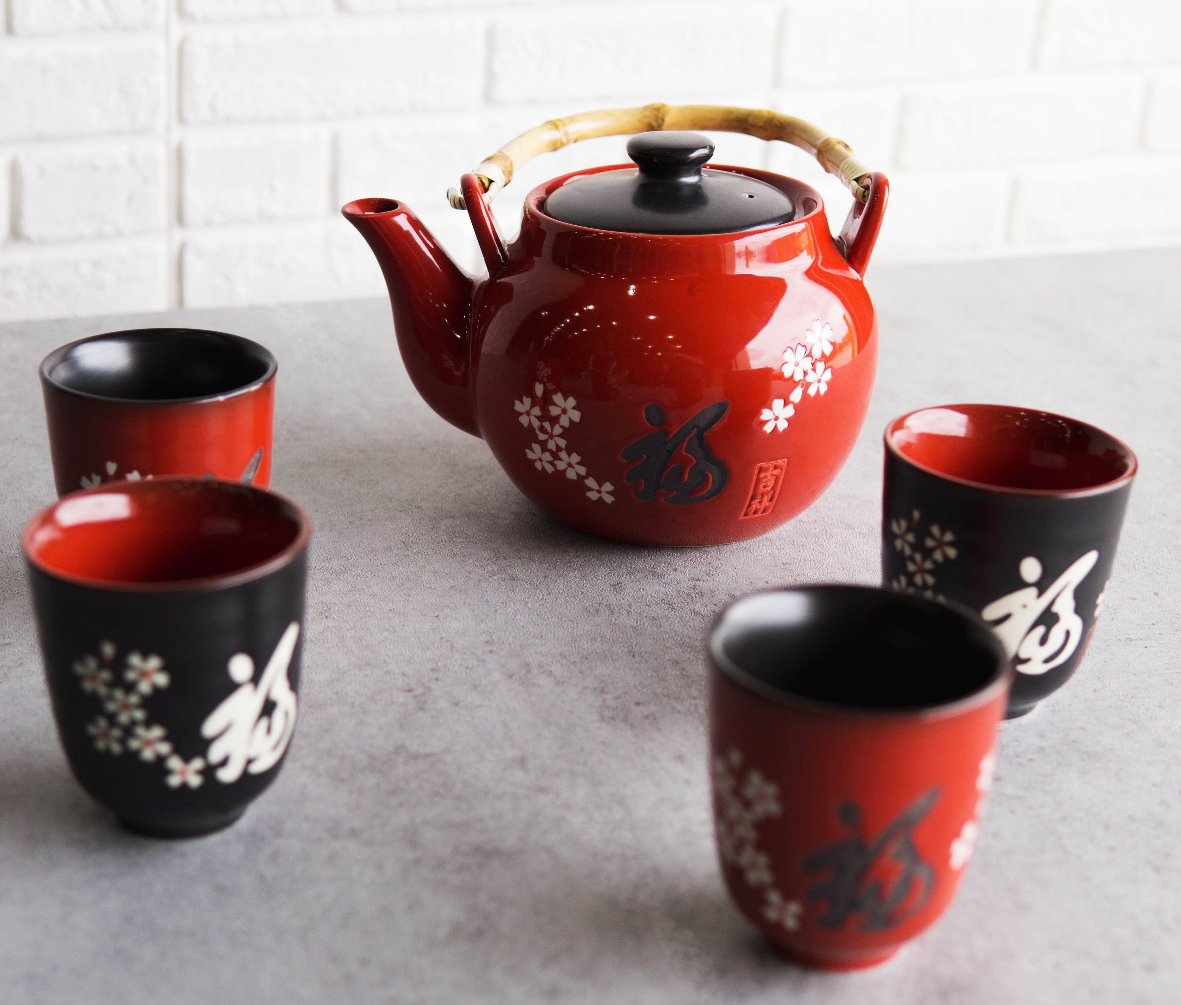 Sakura White Japanese Cherry Blossoms Porcelain Red Tea Pot 42oz And 4 ...