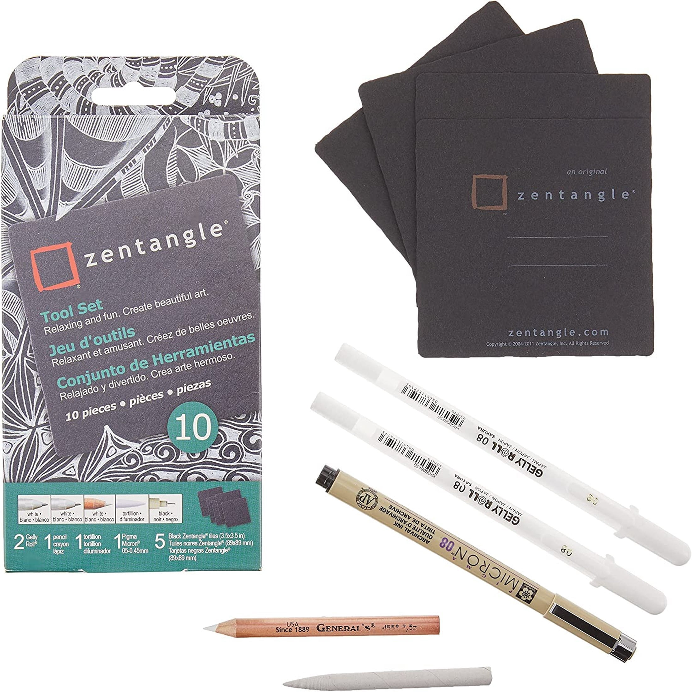 Sakura Zentangle Tool Set - 2 Gelly Roll White Pens, 1 Micron 08 Black ...